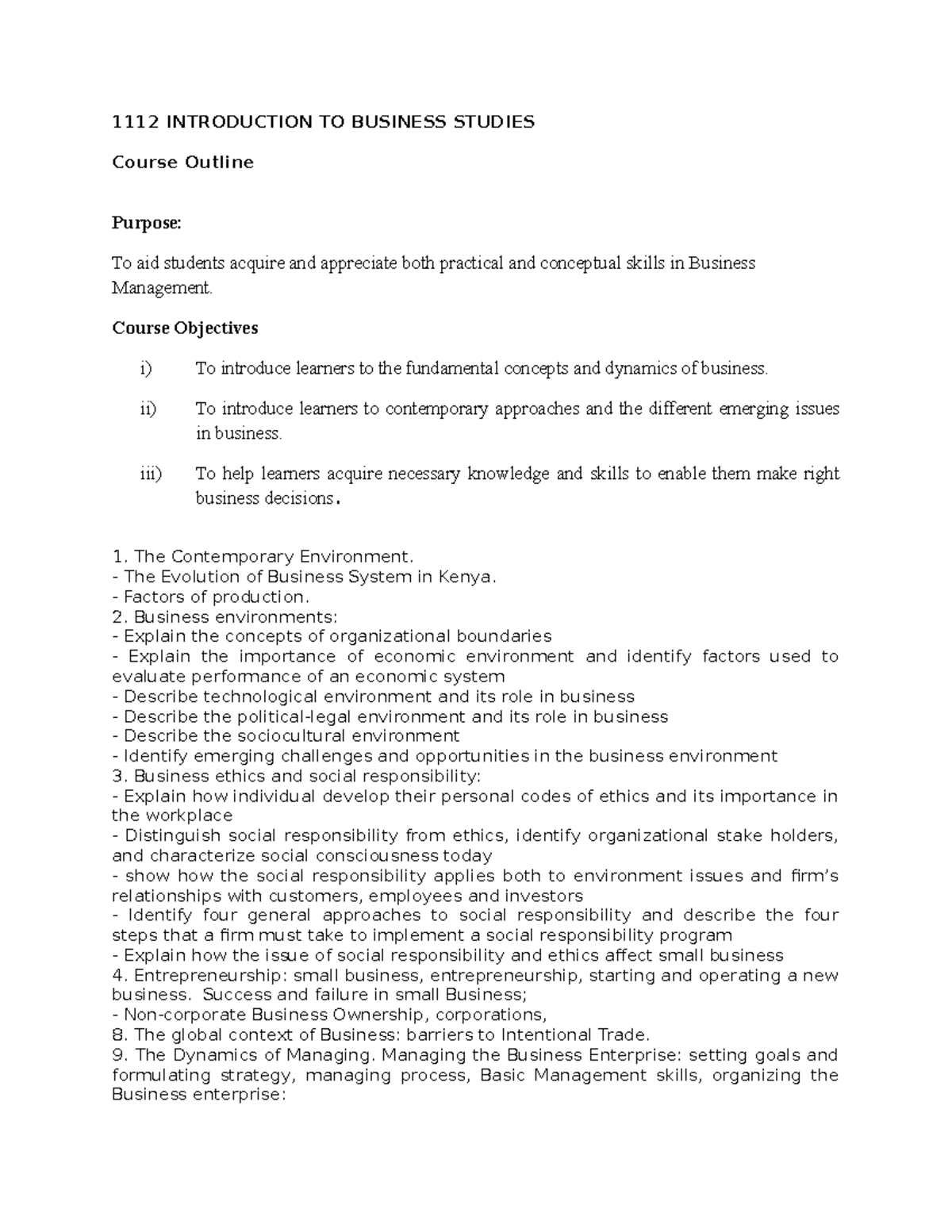 1112 couurse outline Introduction TO Business Studies - 1112 ...