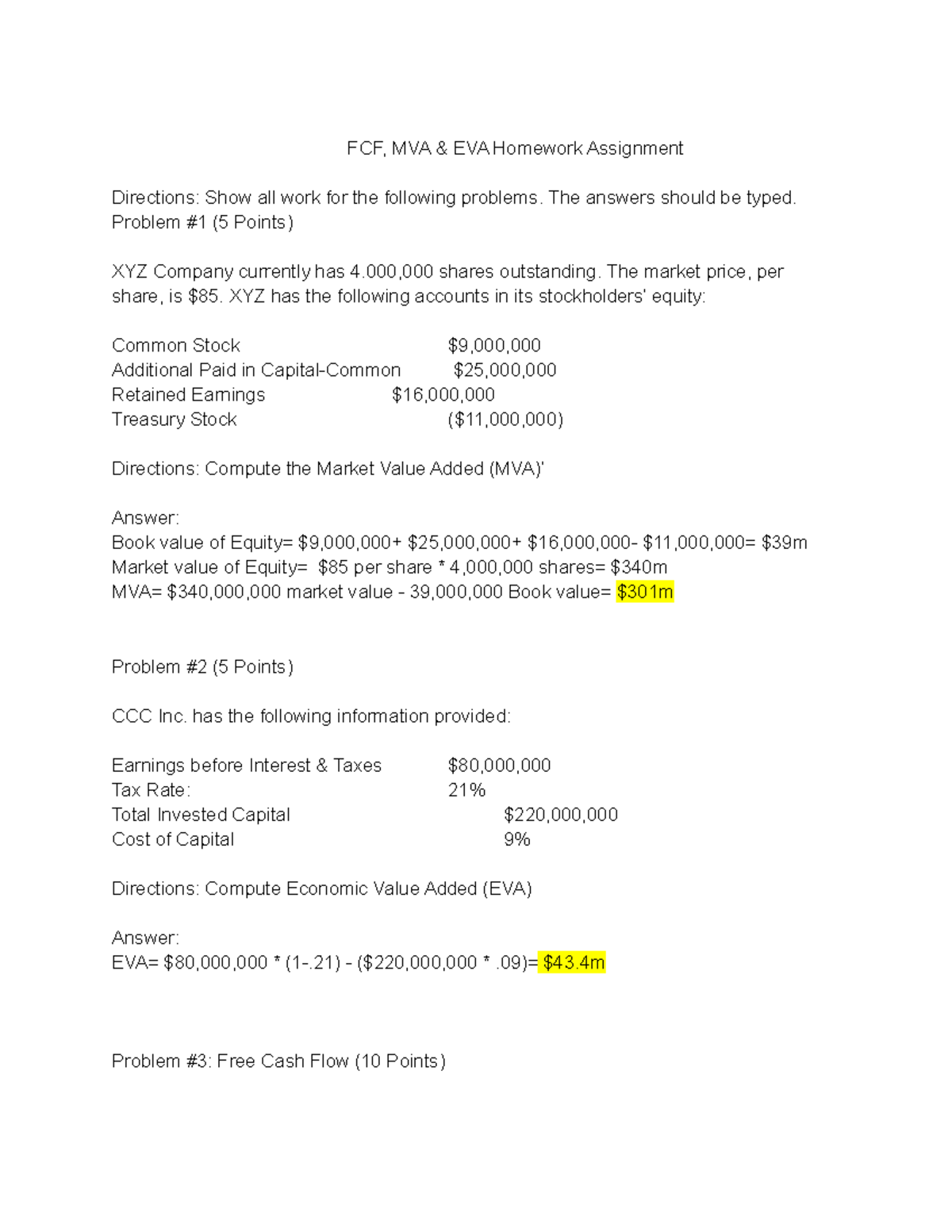 FN-215 Homework #1 - FCF, MVA & EVA Homework Assignment Directions ...