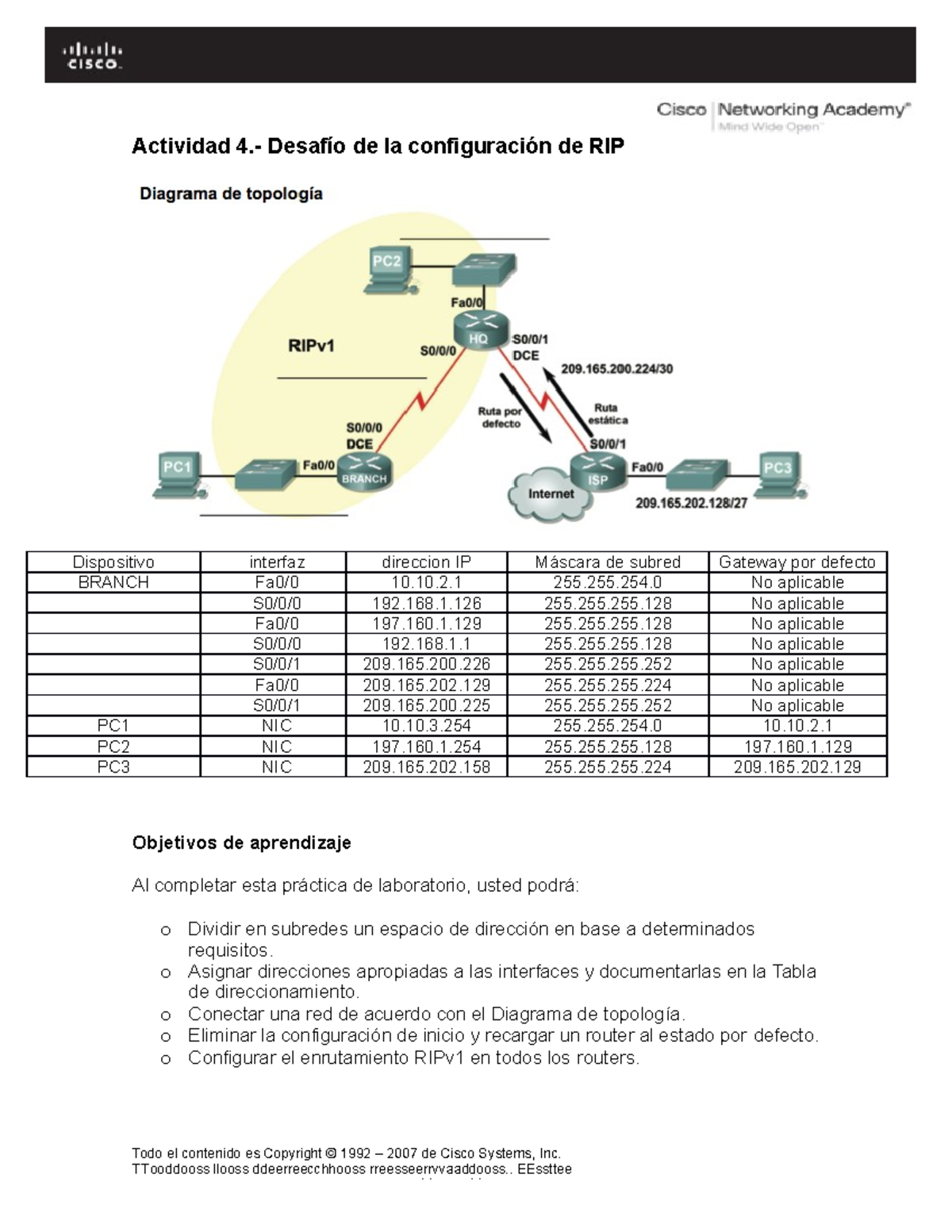 Actividad 4 Router apunte - Actividad 4.- Desafío de la configuración de RIP Dispositivo ...