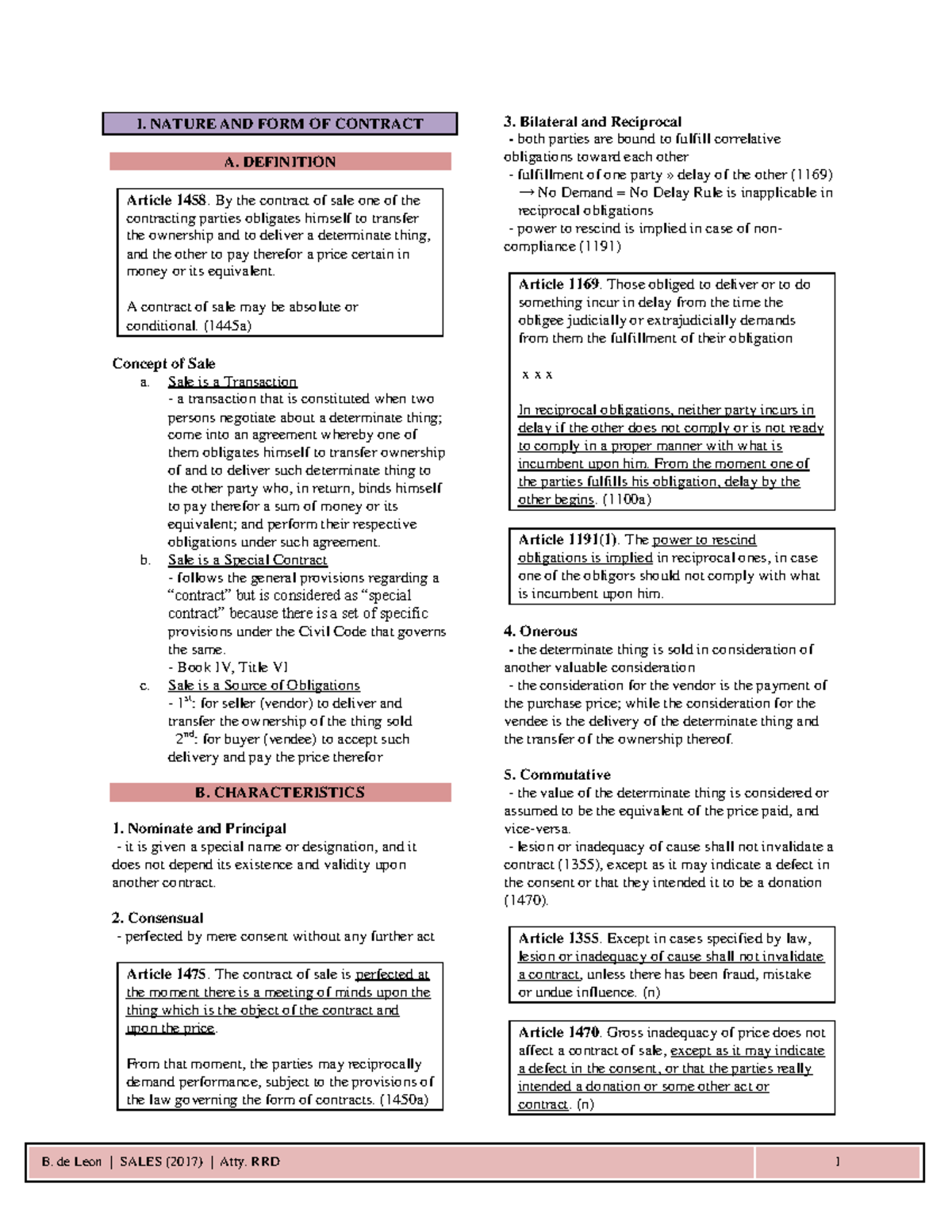 25586173 - law reviewer - I. NATURE AND FORM OF CONTRACT A. DEFINITION ...