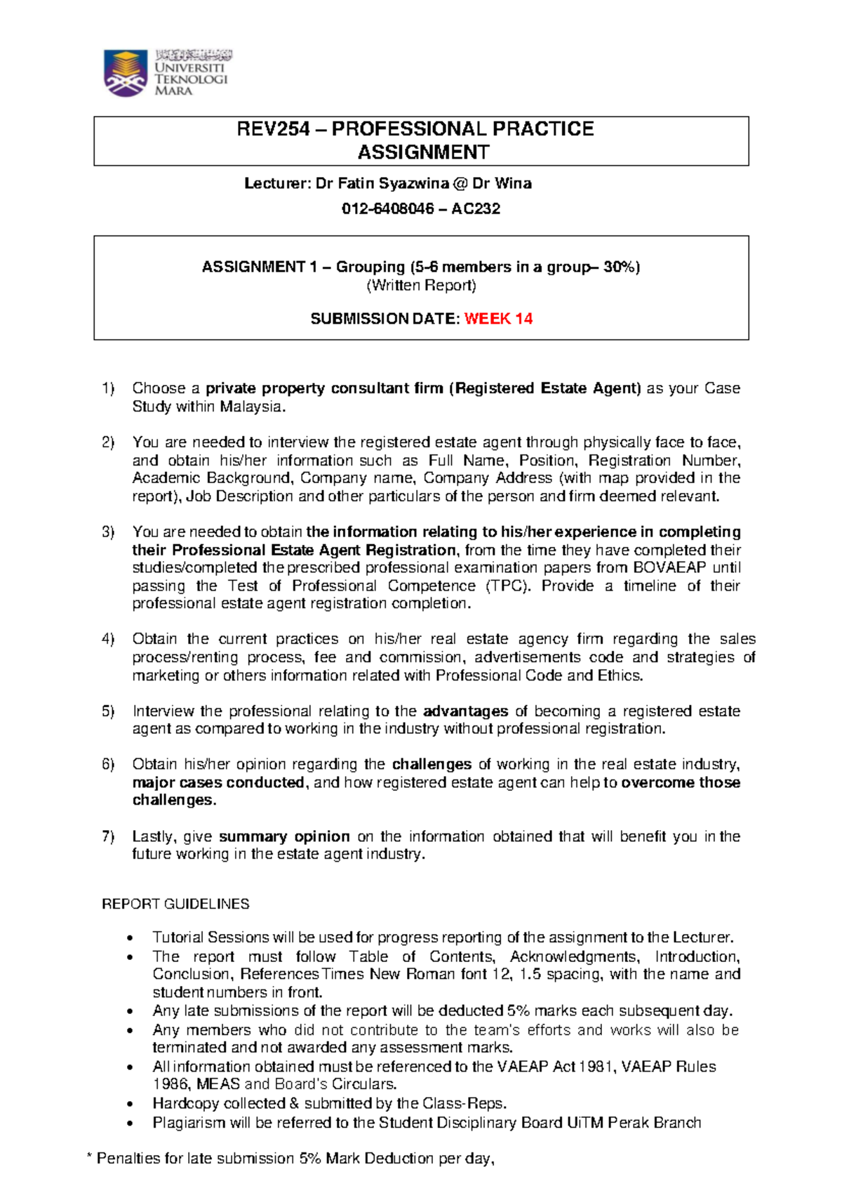 REV254 Assignment & Presentation TASK - REV254 – PROFESSIONAL PRACTICE ...