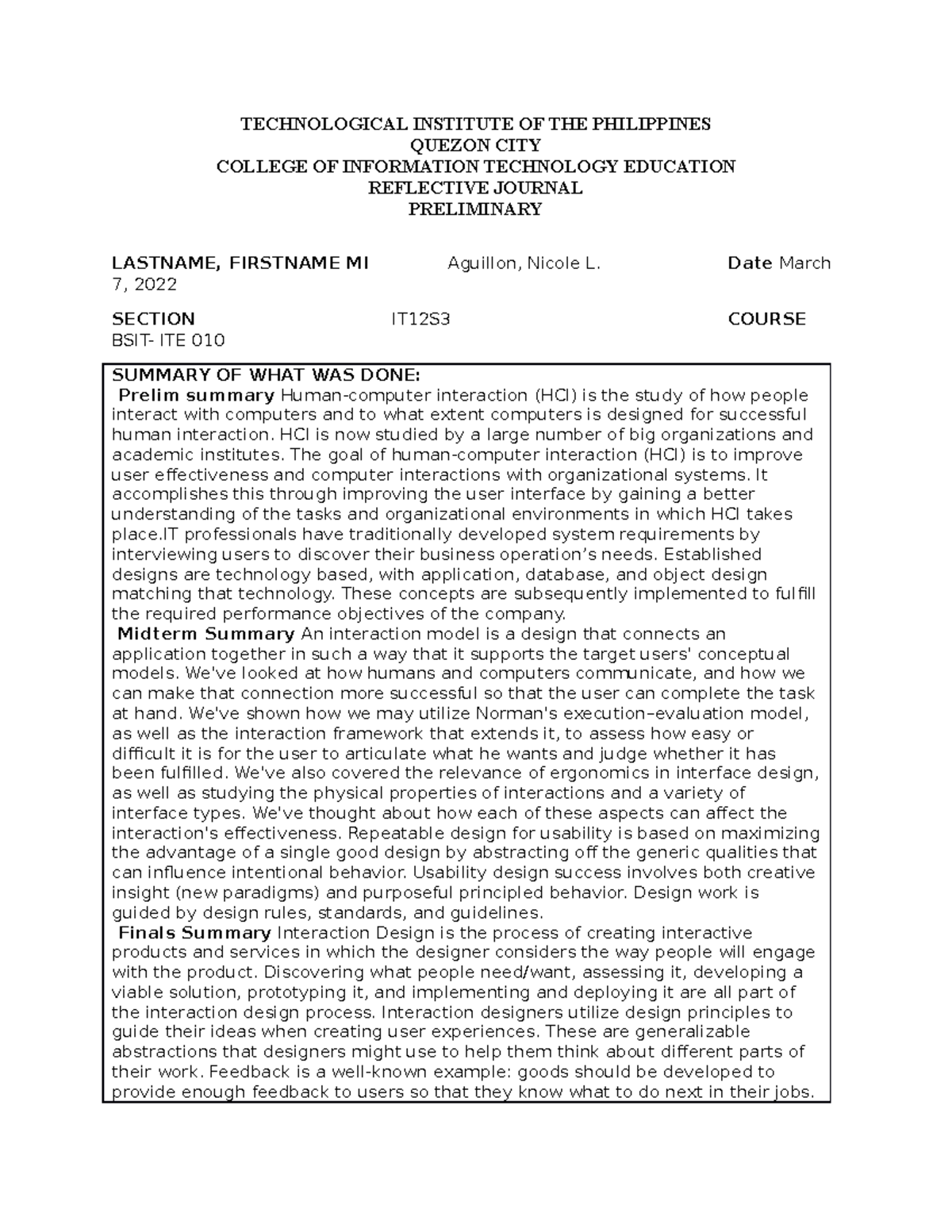 Reflective Journal Aguillon - TECHNOLOGICAL INSTITUTE OF THE PHILIPPINES QUEZON CITY COLLEGE OF ...