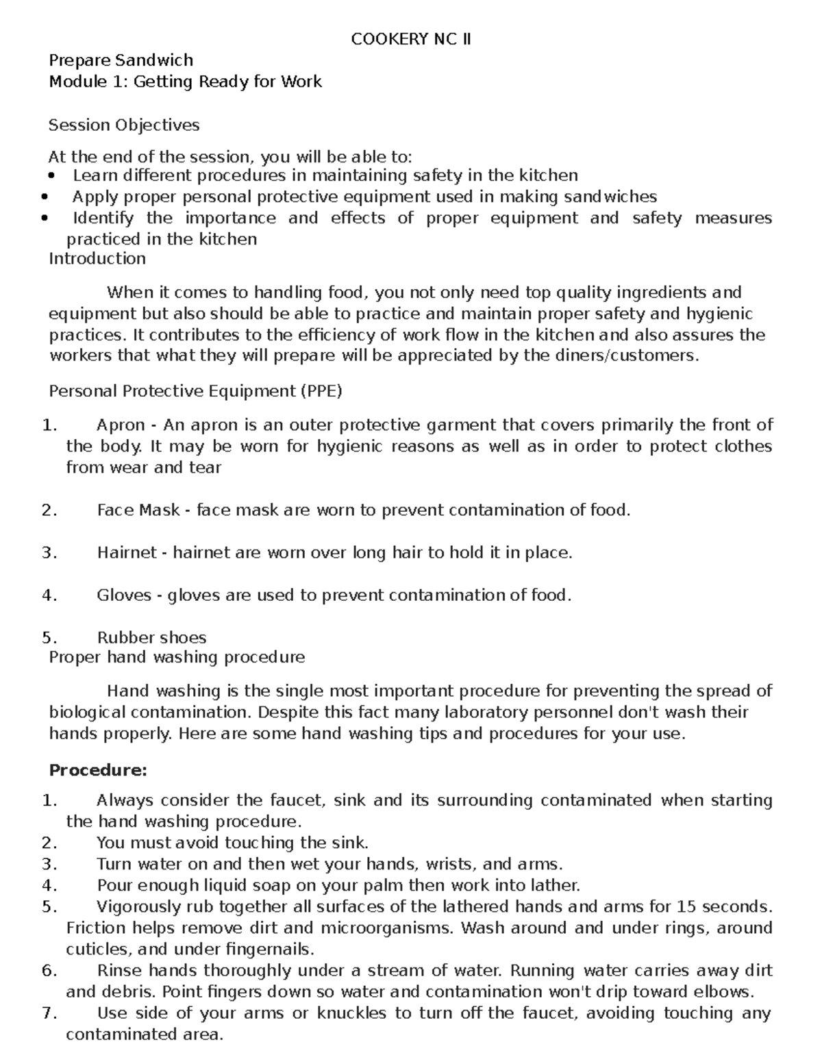 Cookery NC II Prepare Sandwich Module 1 - COOKERY NC II Prepare Sandwich Module 1: Getting Ready ...