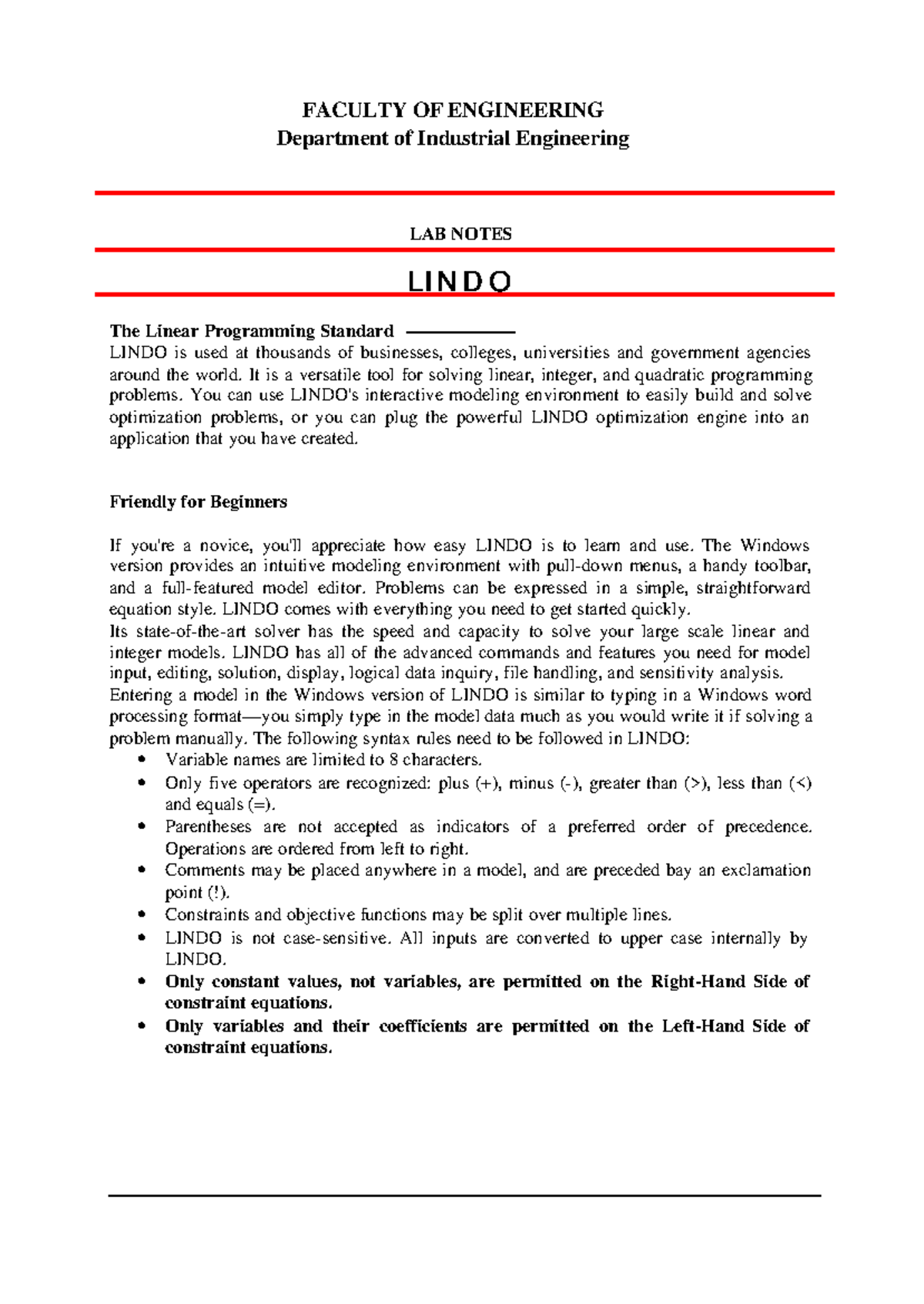 5 Lindo Lingo - summary lecture notes - LAB NOTES LINDO LINDO The ...