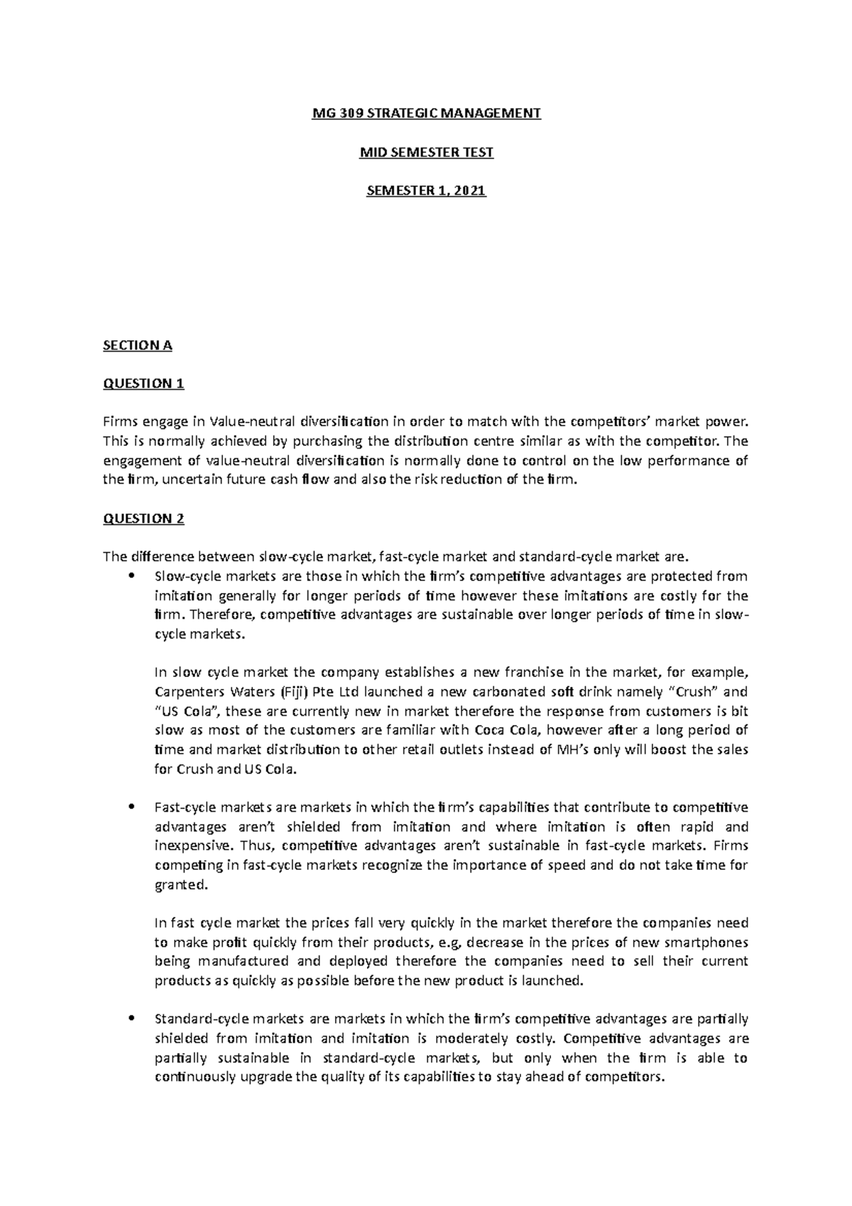 MG 309 MST - MST for MG309 - MG 309 STRATEGIC MANAGEMENT MID SEMESTER ...