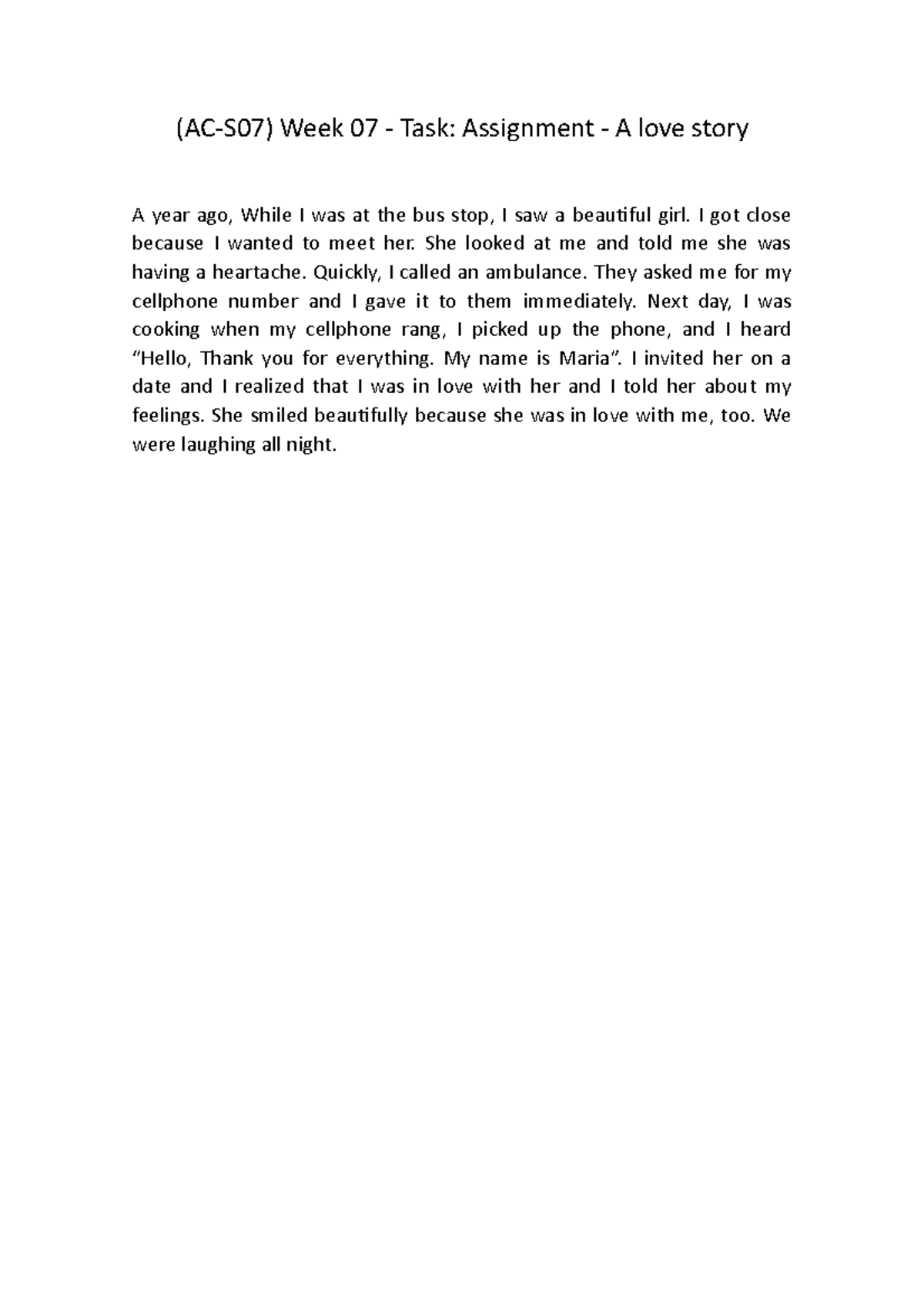 Ingles semana 7 - (AC-S07) Week 07 - Task: Assignment - A love story A ...