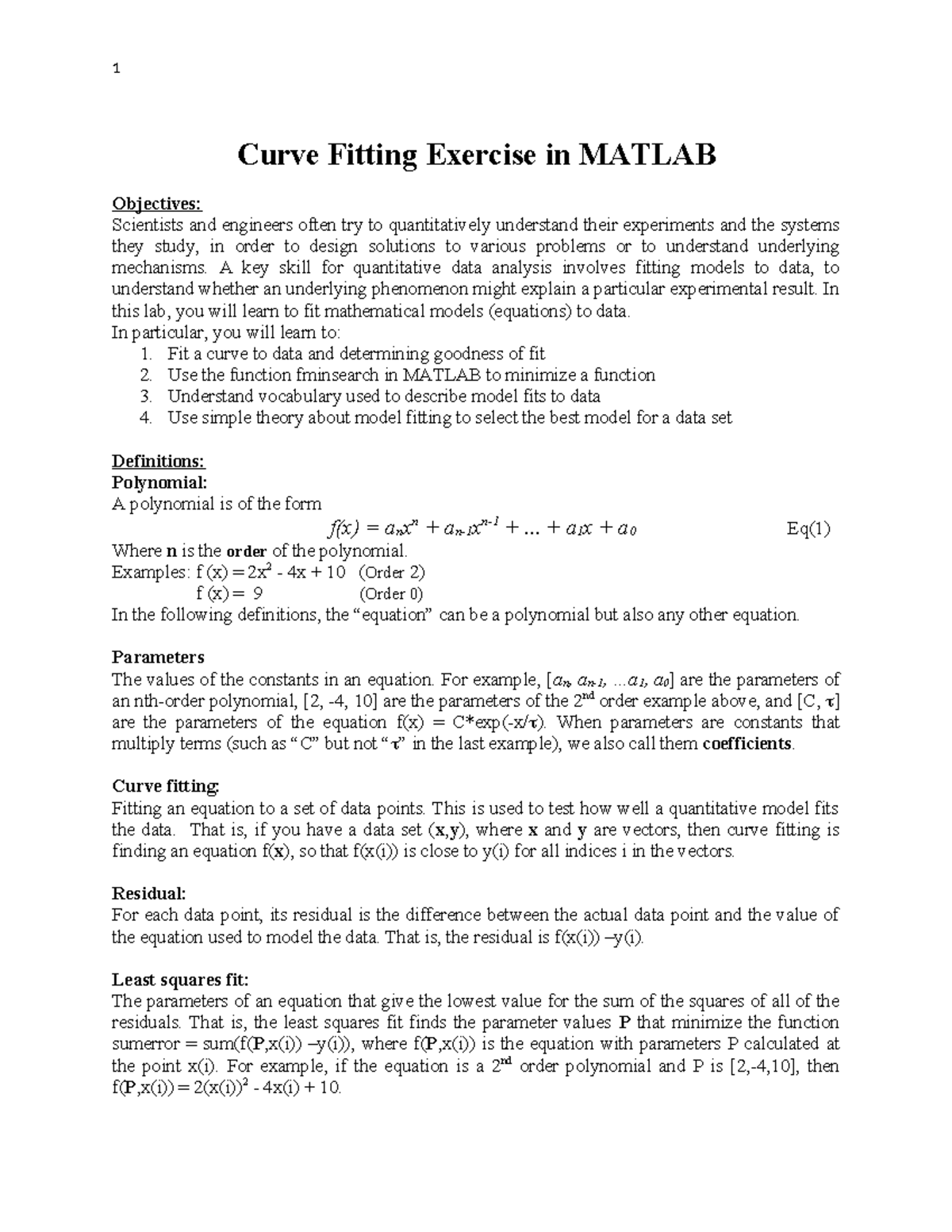 curve fitting exercises - Curve Fitting Exercise in MATLAB Objectives: Scientists and engineers ...