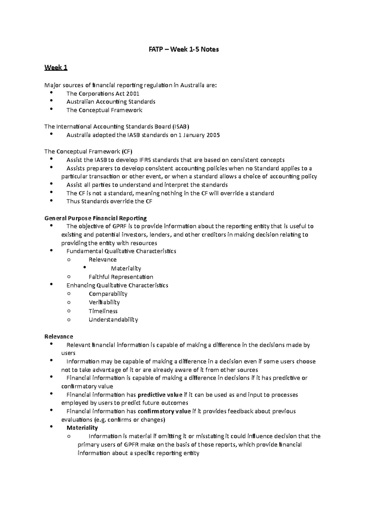 FATP Notes WEEK 1-5 - Professor Lyndie Bayne, Semester 1 2019 - FATP ...