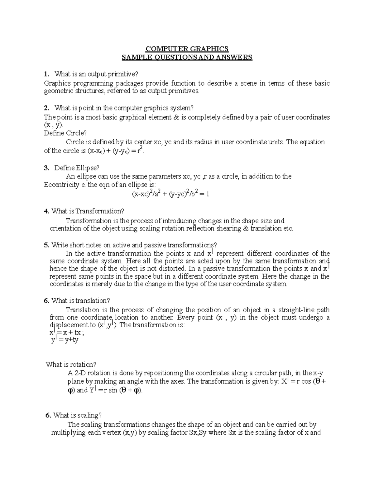 Computer Graphics Sample Questions AND A - COMPUTER GRAPHICS SAMPLE QUESTIONS AND ANSWERS What ...