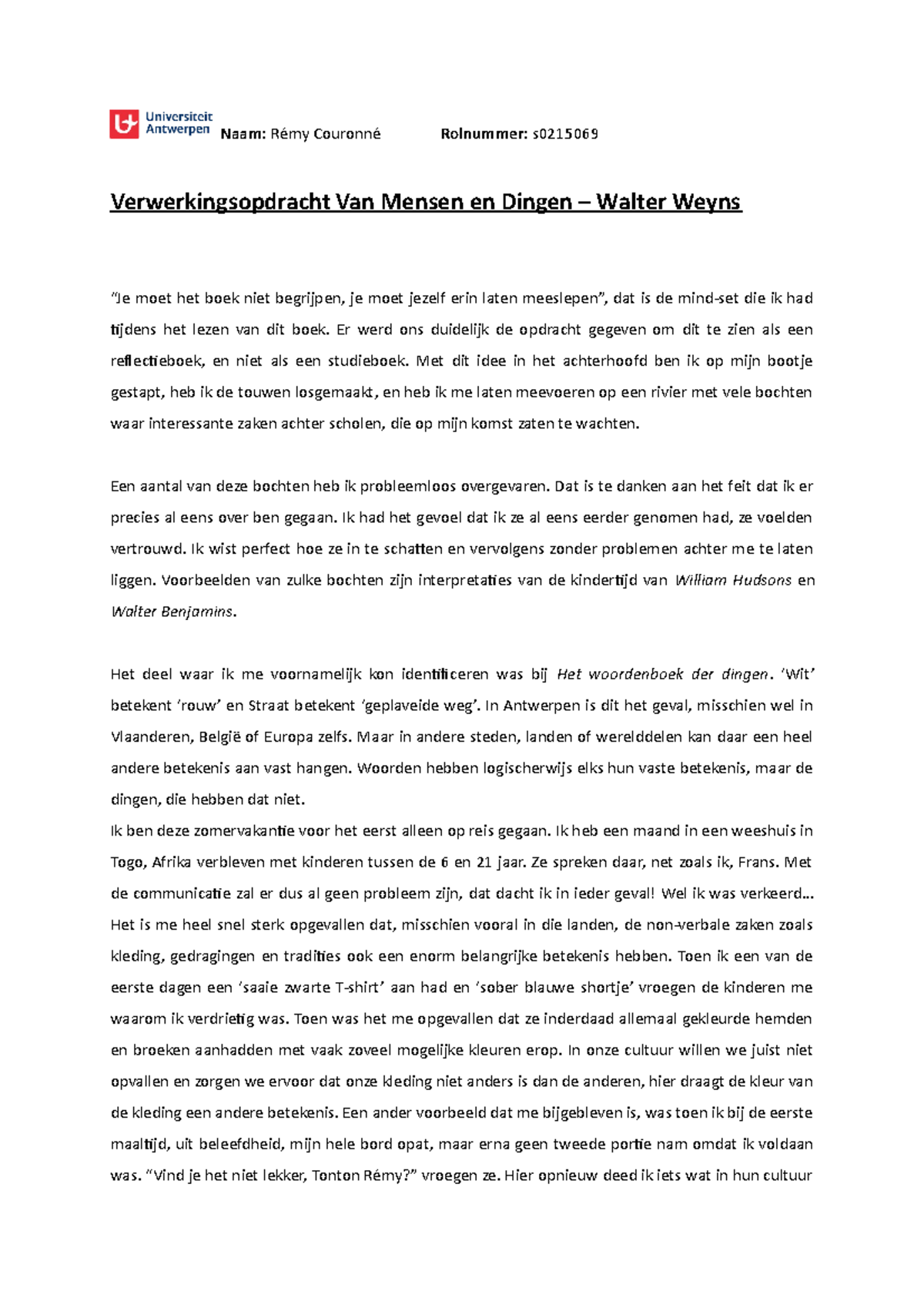 Verwerkingsopdracht Van Mensen en Dingen – Walter Weyns - Er werd ons ...