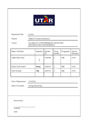 Programme Name Student ID A - Experiment Title : Diodes Subject : UEEA1313 Basic Electronics ...
