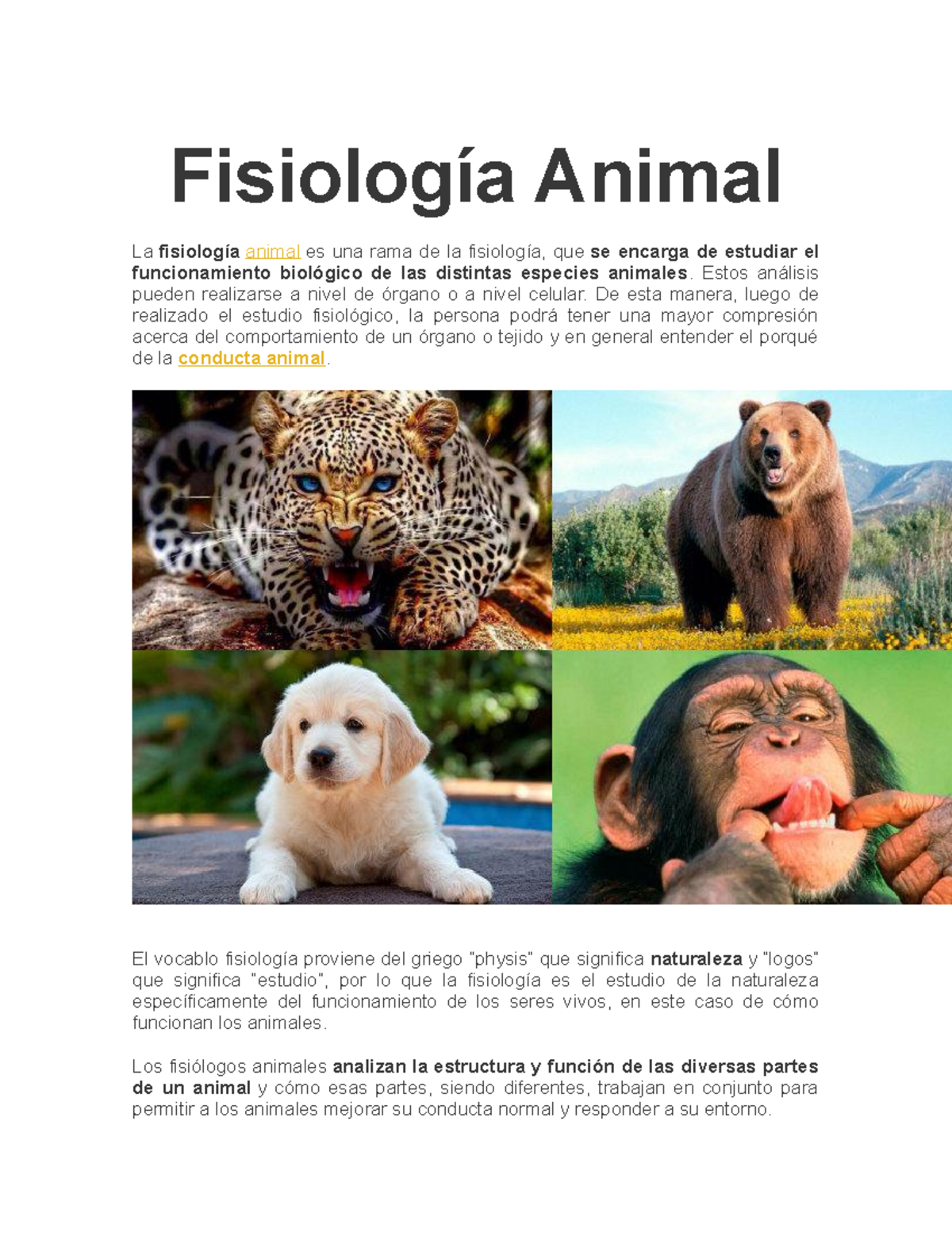 Fisiología Animal - Fisiología Animal La fisiología animal es una rama ...