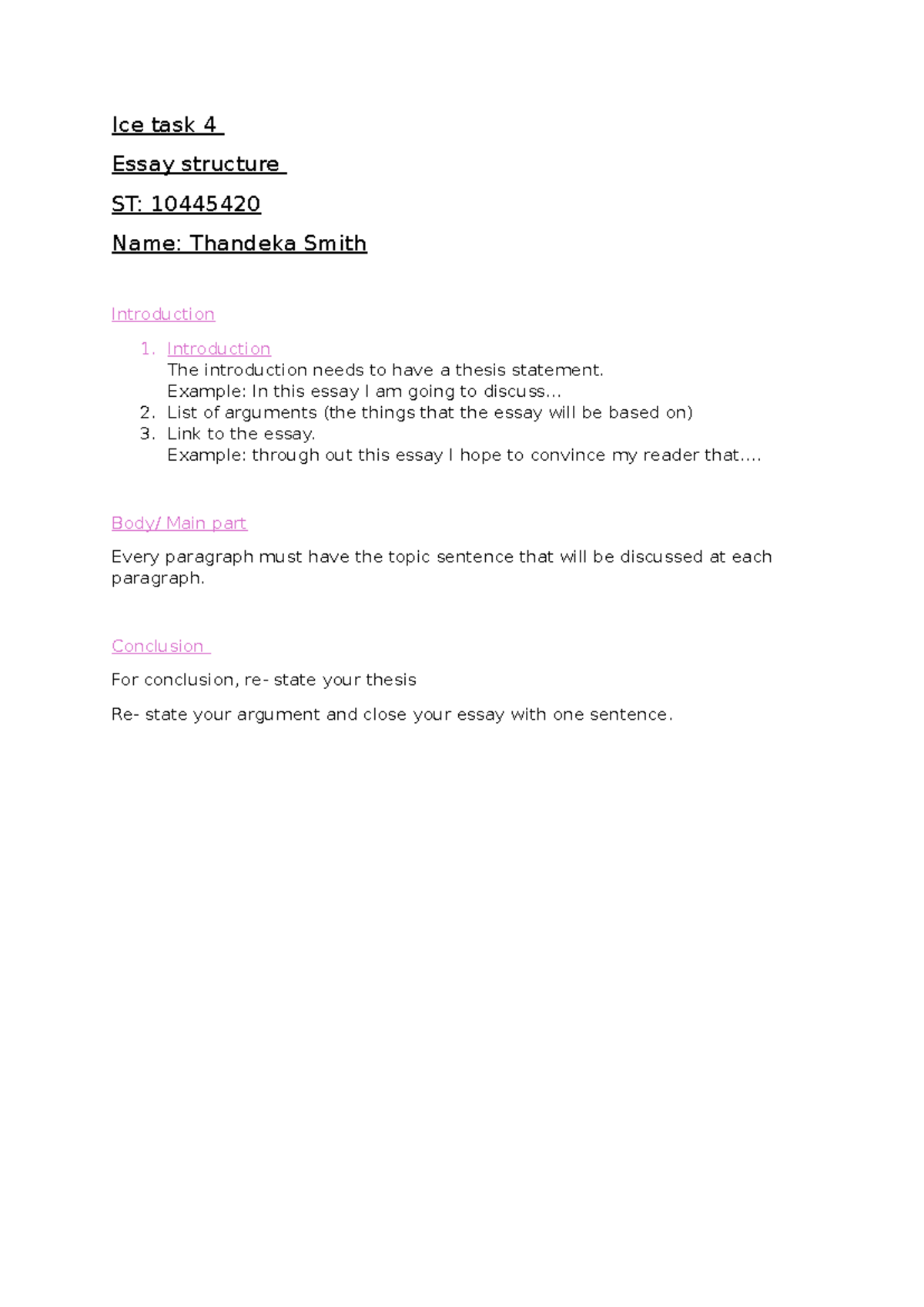 ITSA ice task - Ice task 4 Essay structure ST: 10445420 Name: Thandeka ...