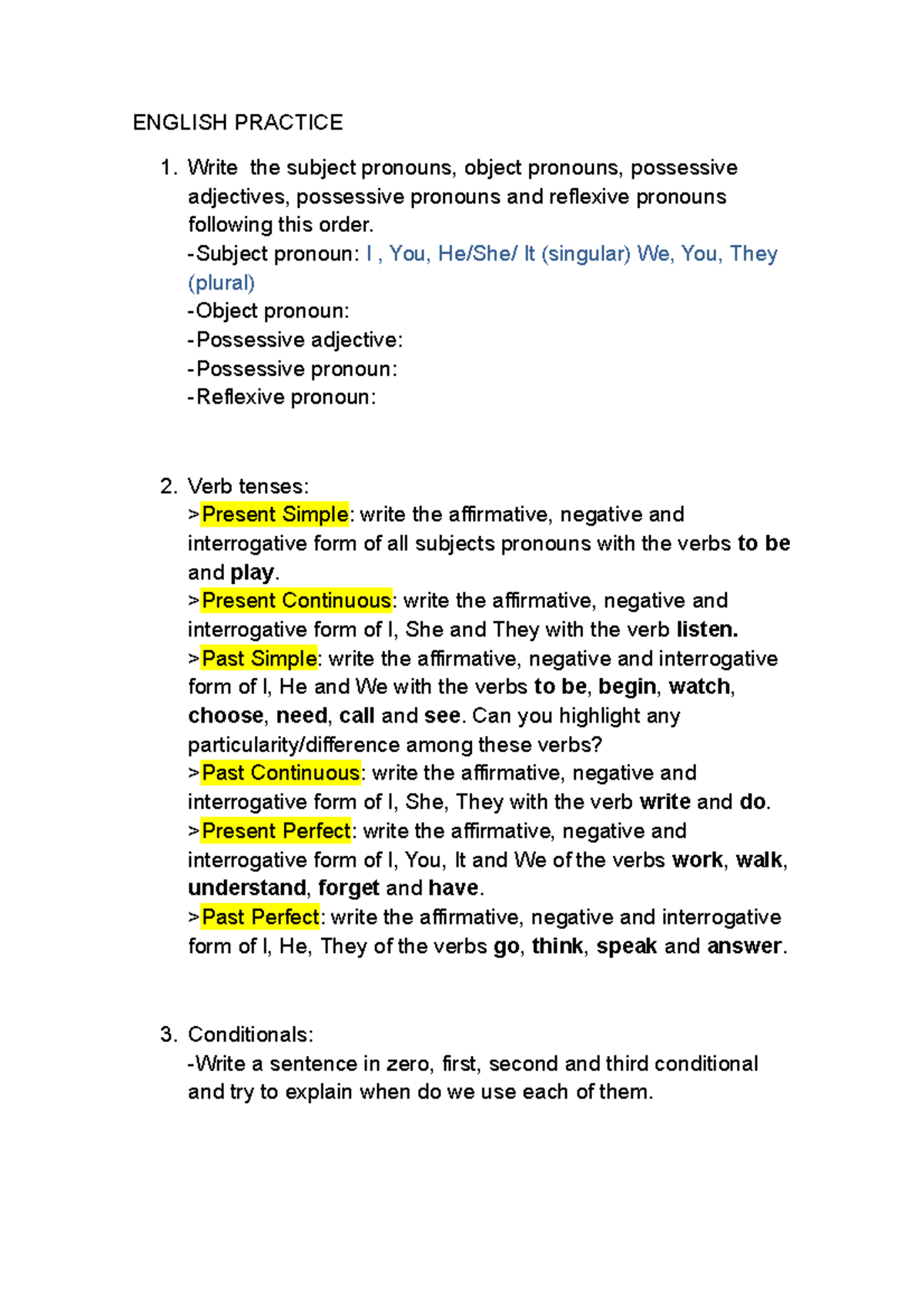 Level Test - Basic Grammar Content - ENGLISH PRACTICE Write the subject ...