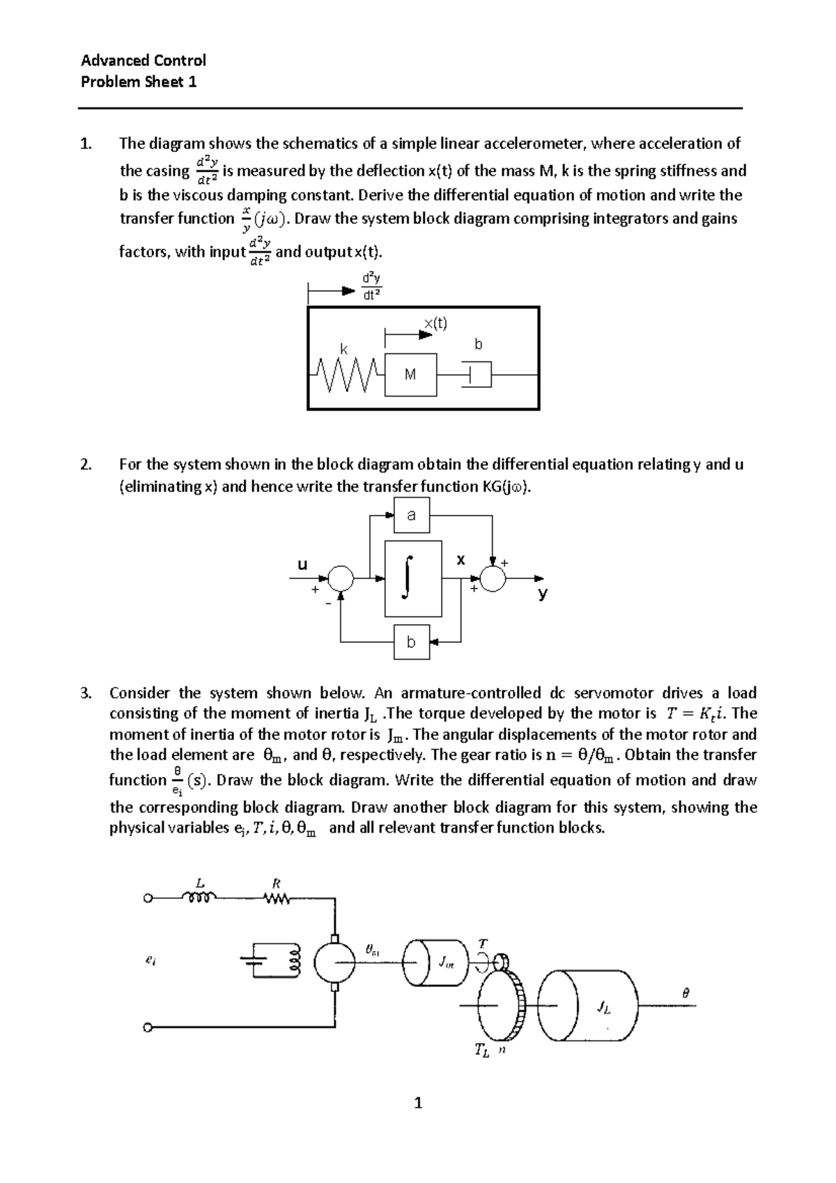 Contol Problems 1 - tutorials - 1 Advanced Control Problem Sheet 1 The diagram shows the ...
