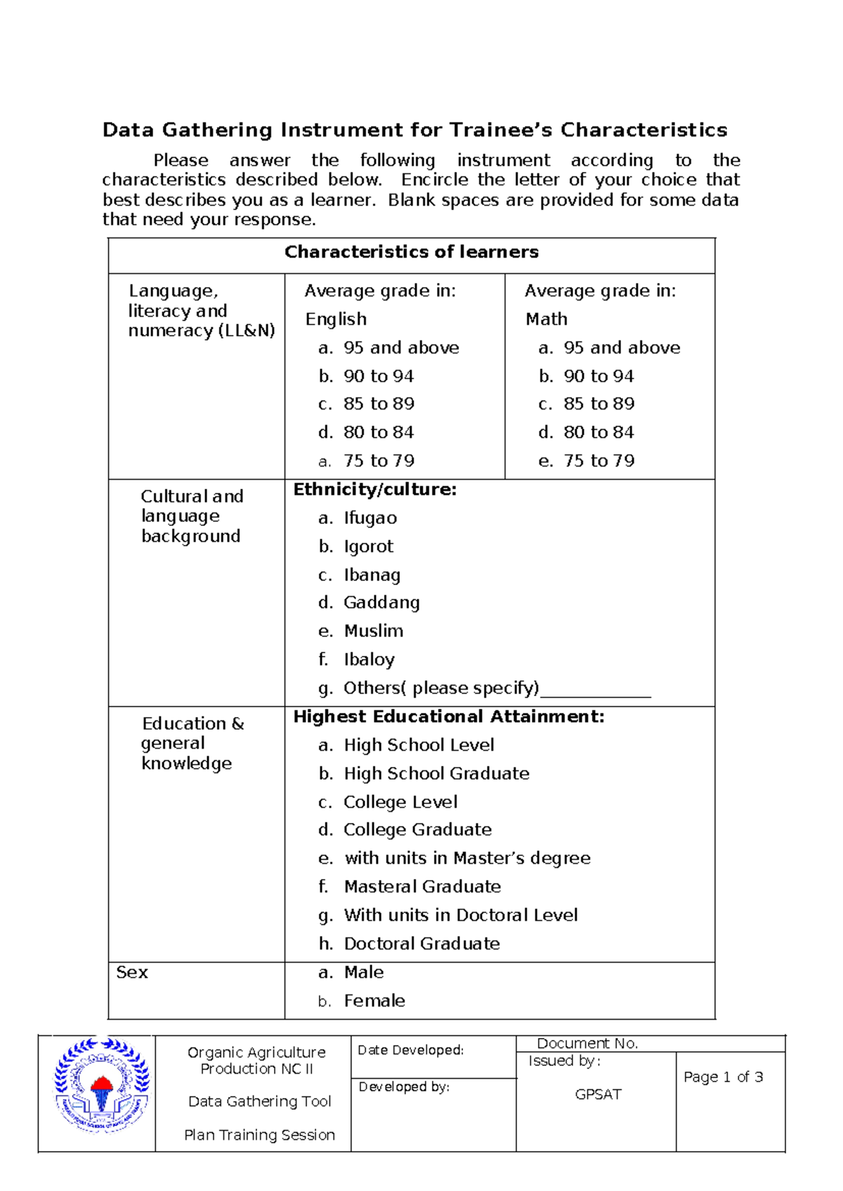 Data Gathering tool - competency based - Data Gathering Instrument for ...