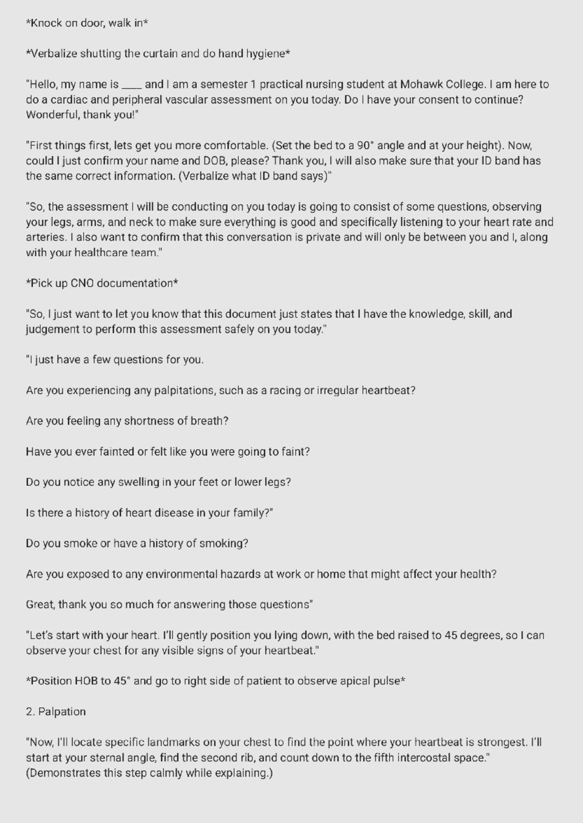 Cardiac and Peripheral Vascular Skills Assessment Script - on door ...