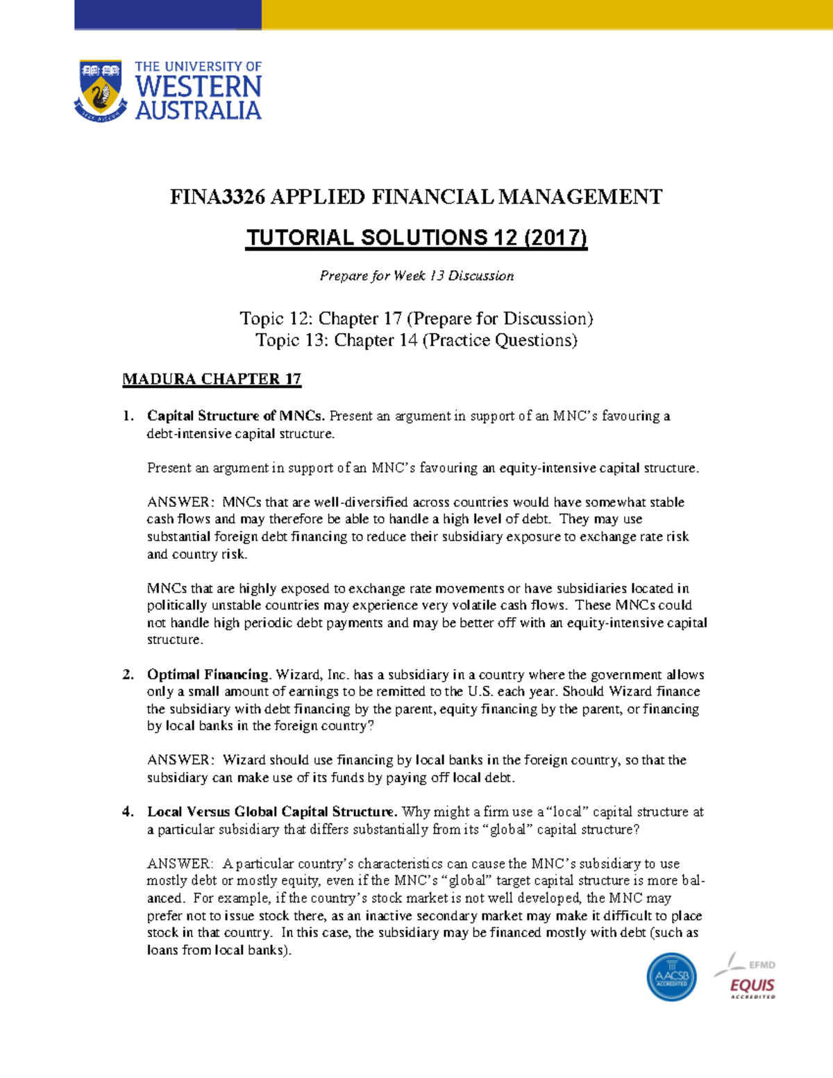 T12 Solutions - FINA3326 APPLIED FINANCIAL MANAGEMENT TUTORIAL ...