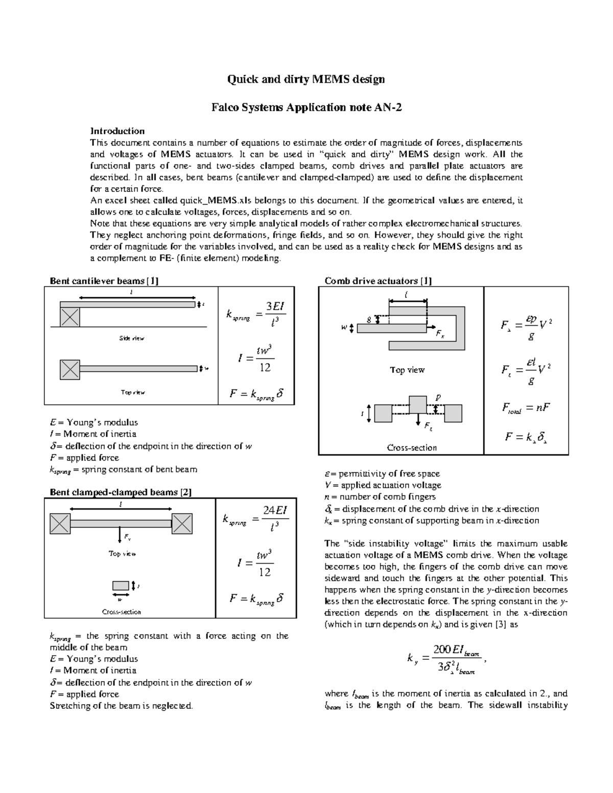 Quick MEMS - Calculation sheet for electrostatic actuators. - Quick and ...