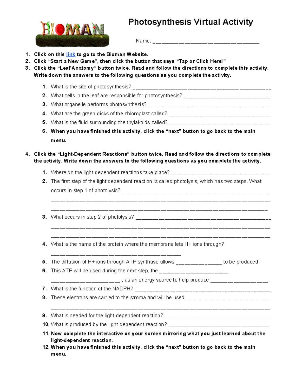 Photosynthesis Virtual Activity - Click “Start a New Game”, then click ...