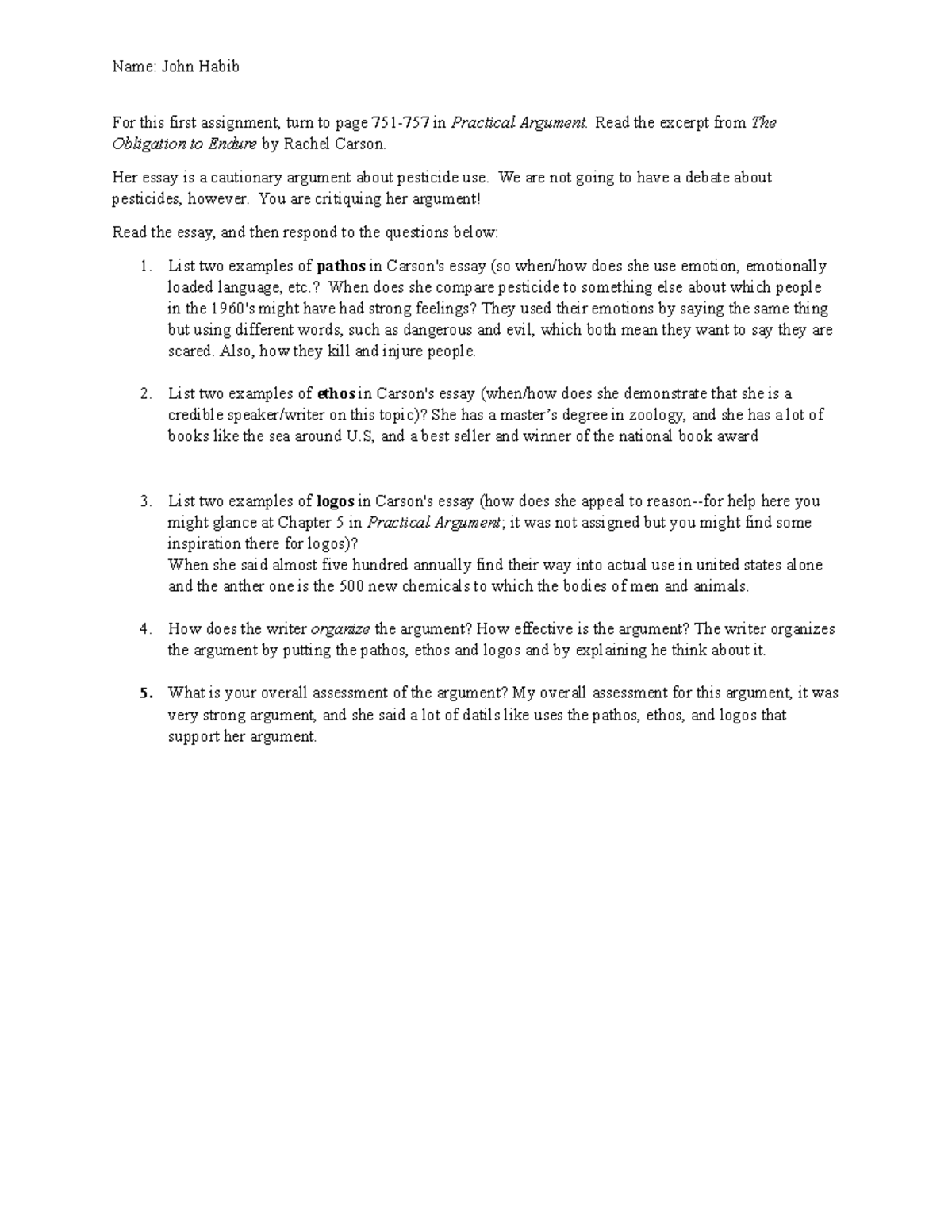 1020 EPL Practice - English II Assignment - Name: John Habib For this first assignment, turn to ...