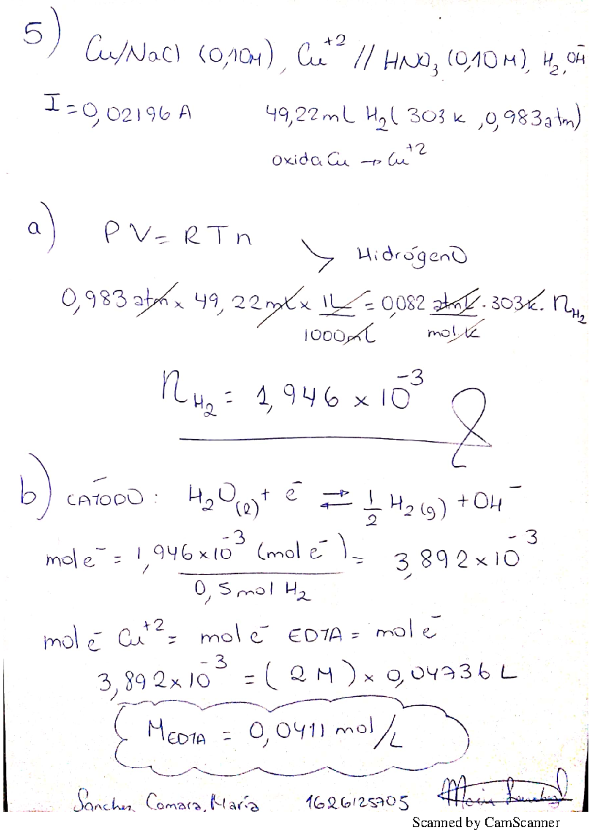 Pregunta 5r - Desarrollo de un ejercicio - Química - 5) Cu/NaCl (0,10M) , Cu+ +2 11 HNO, (0,10M ...