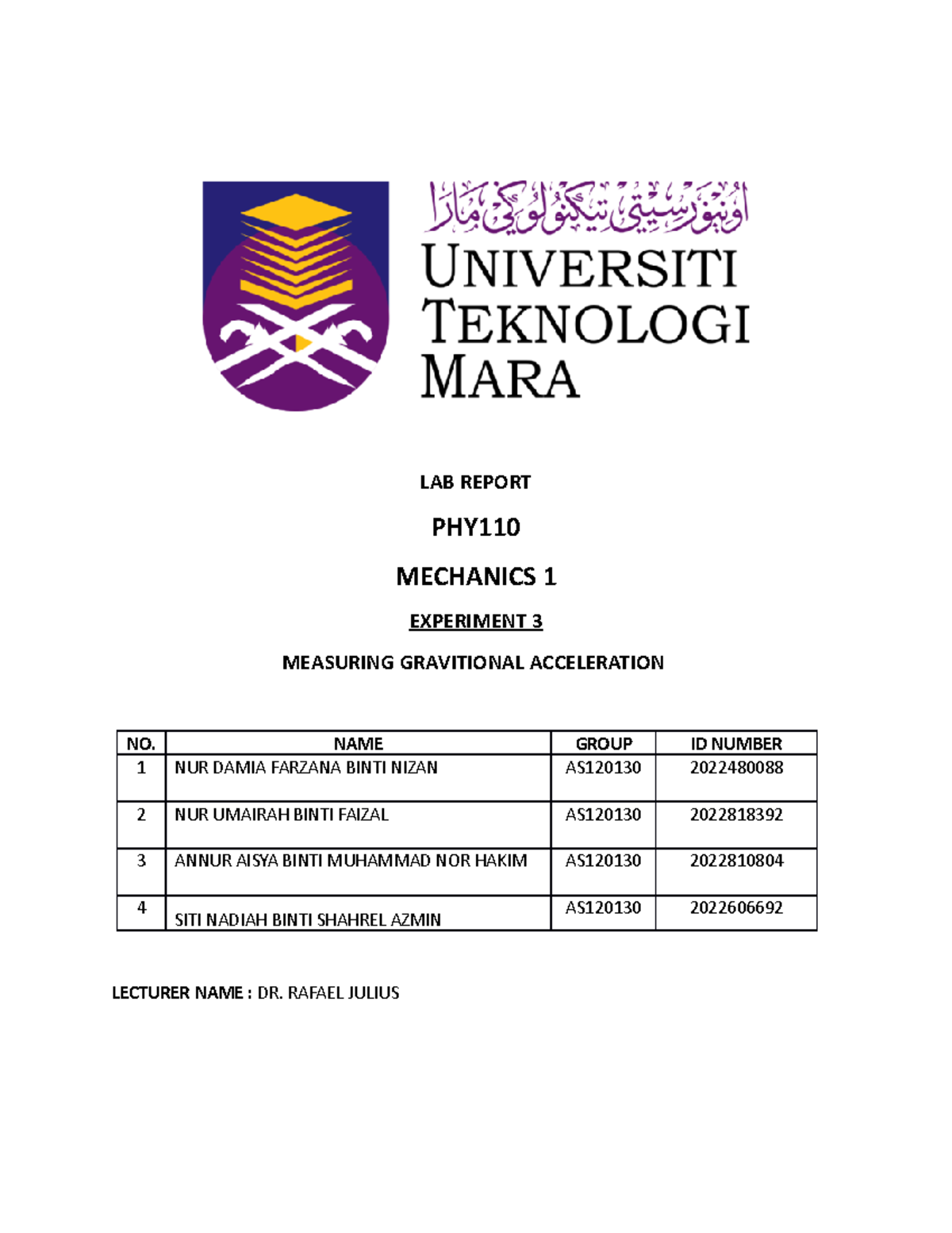 Phy experimen 3 - LAB REPORT PHY MECHANICS 1 EXPERIMENT 3 MEASURING ...