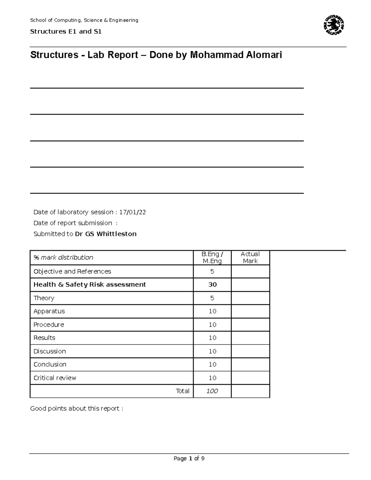 Struc lab rep final - lab work - Structures E1 and S Structures - Lab ...