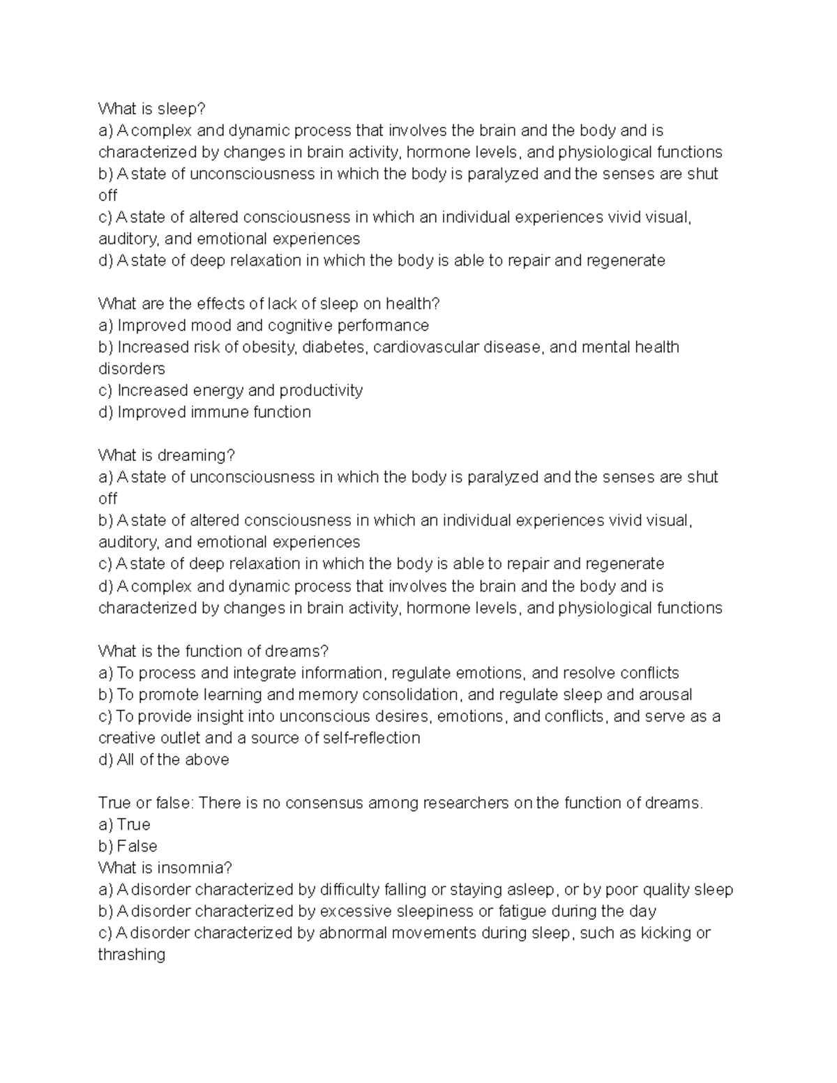 Sleeping and dreaming quiz - What is sleep? a) A complex and dynamic ...