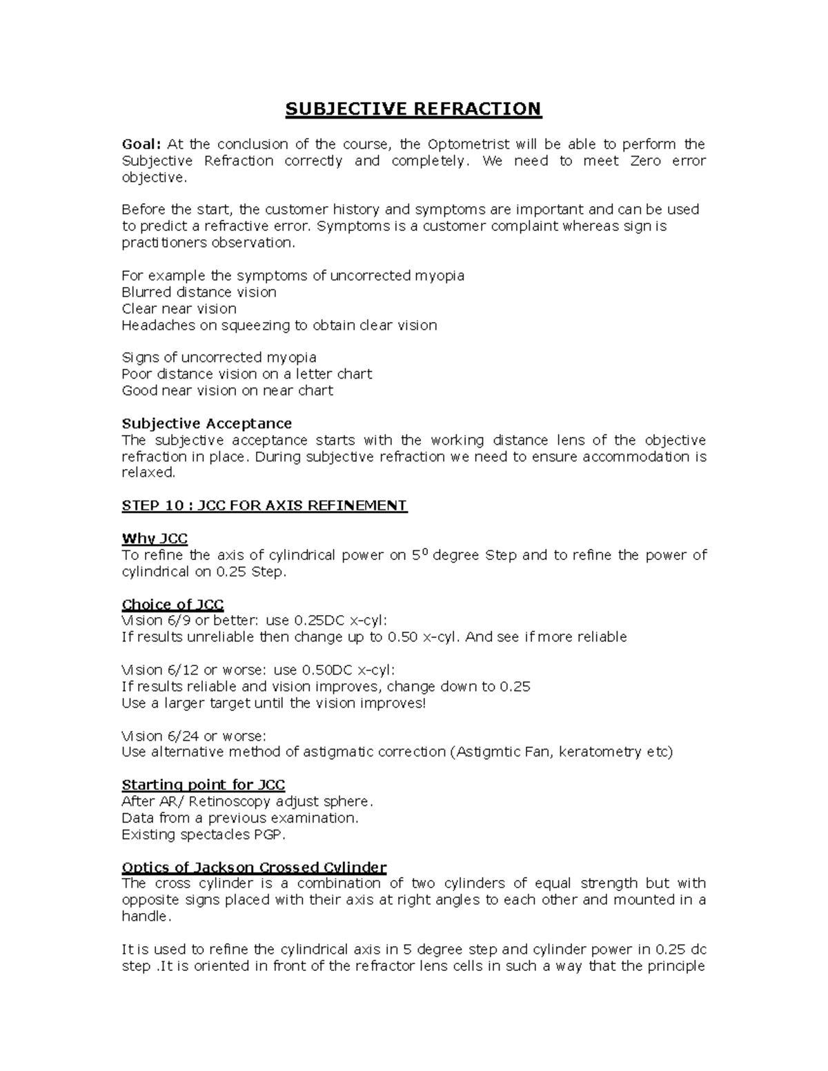 Subjective Refraction Handout optom - SUBJECTIVE REFRACTION Goal: At ...