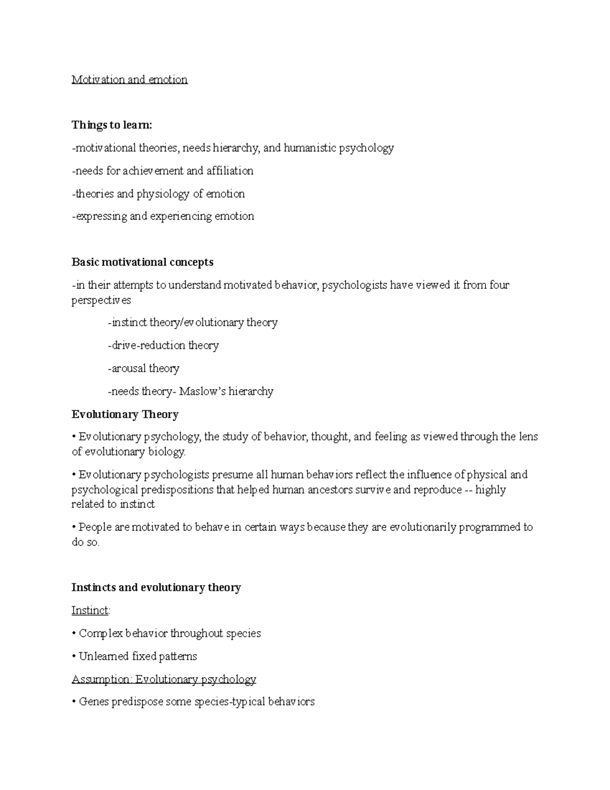 Chapter 10 notes - Motivation and emotion Things to learn ...