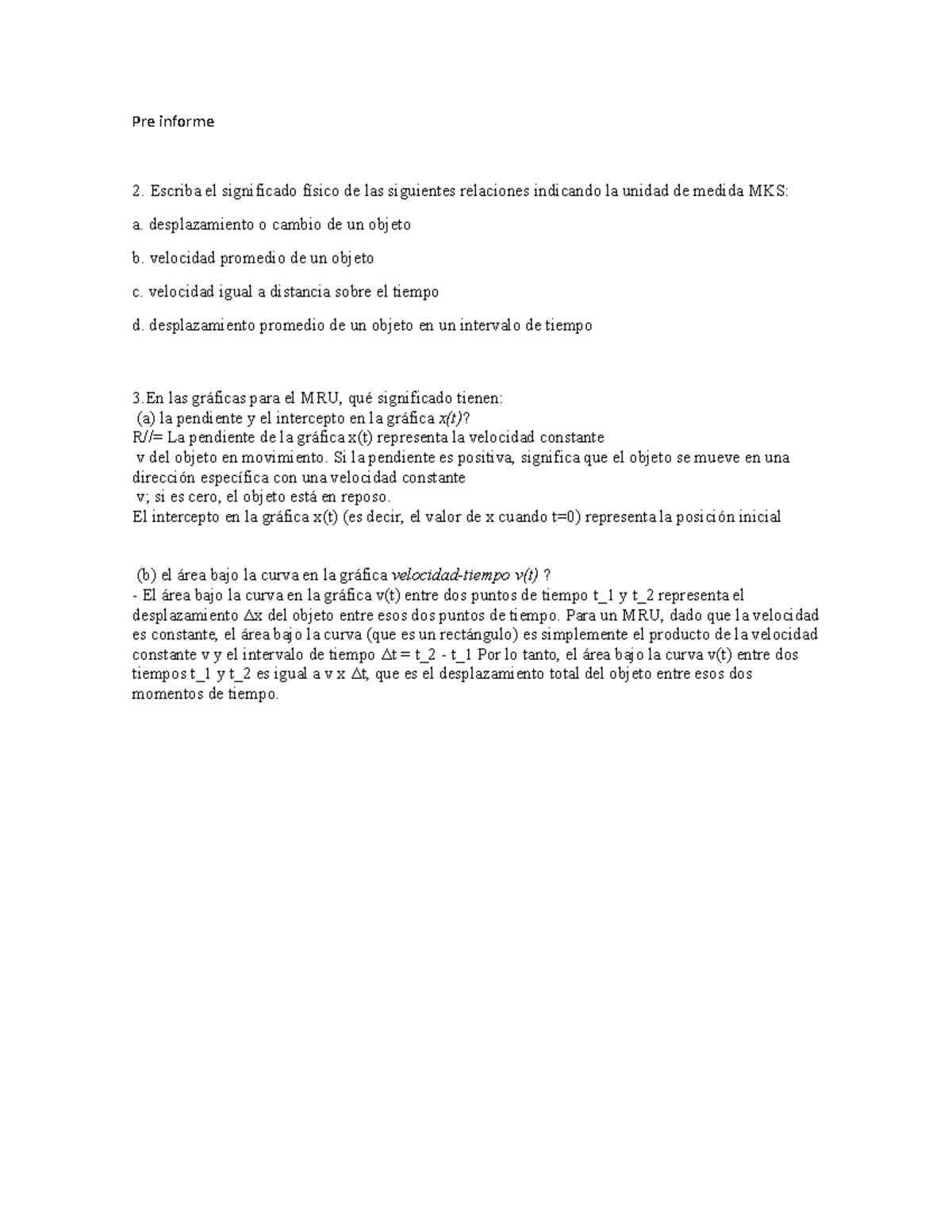 Preinforme - Pre informe 2. Escriba el significado físico de las ...