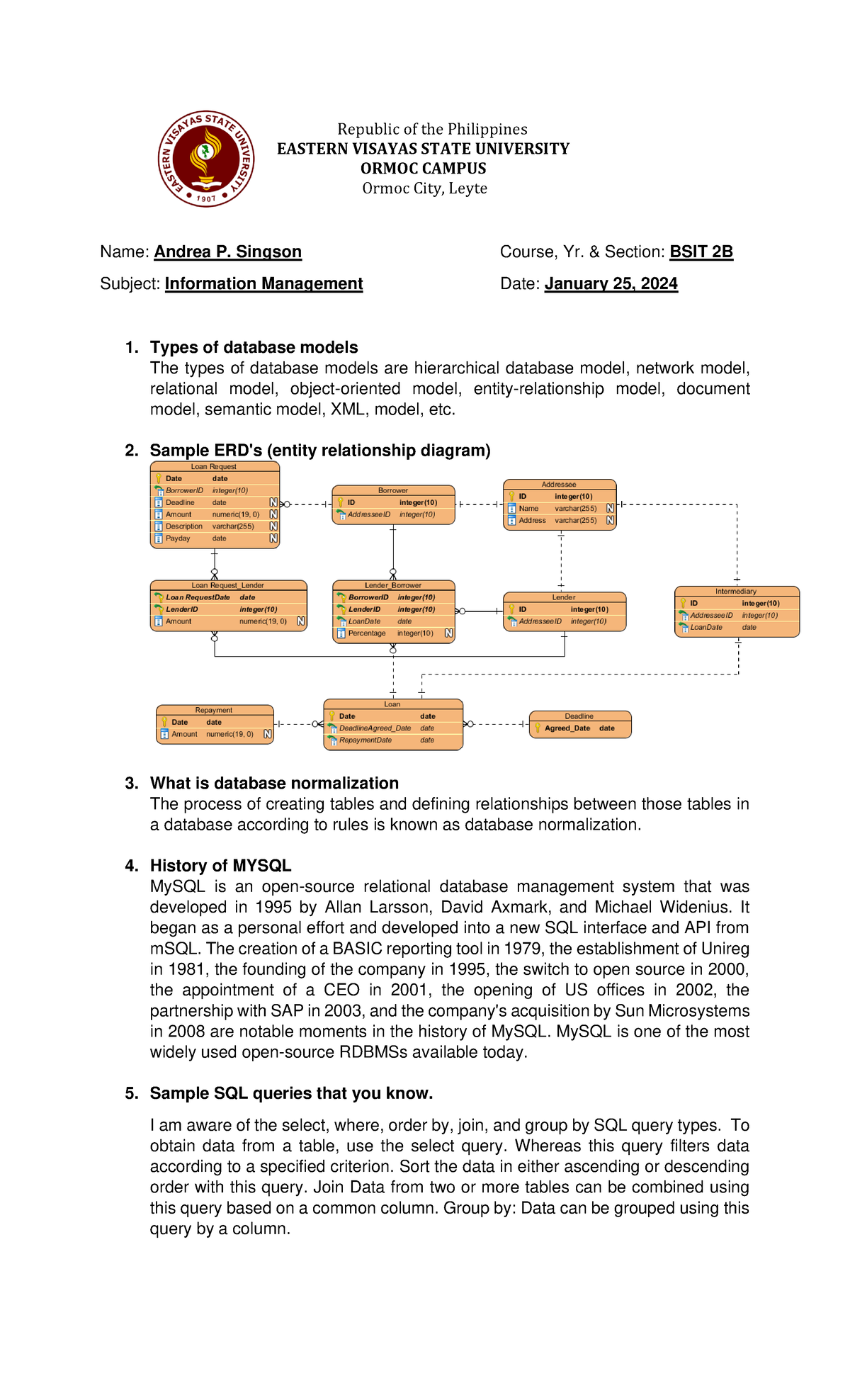 Singson, Andrea P. BSIT 2B - Republic of the Philippines EASTERN VISAYAS STATE UNIVERSITY ORMOC ...