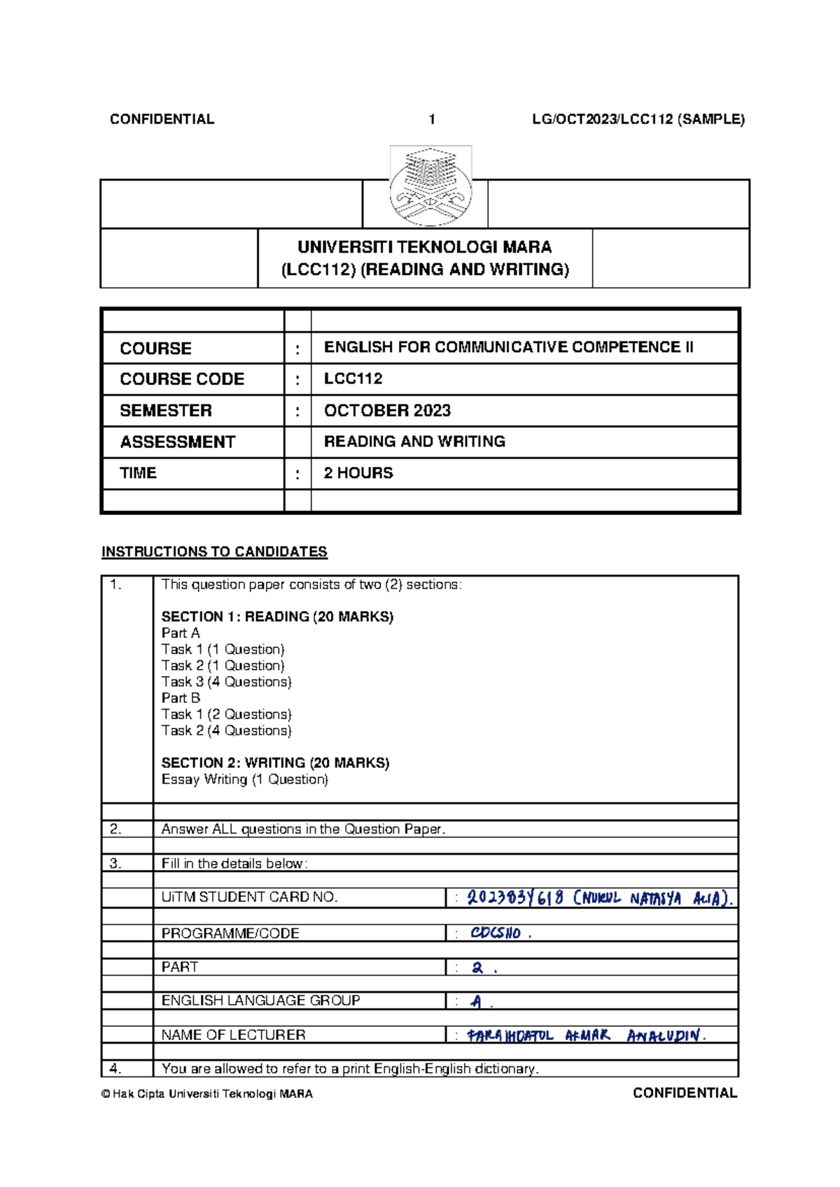 LCC112 TEST - CONFIDENTIAL 1 LG/OCT 2023 /LCC112 (SAMPLE) UNIVERSITI ...