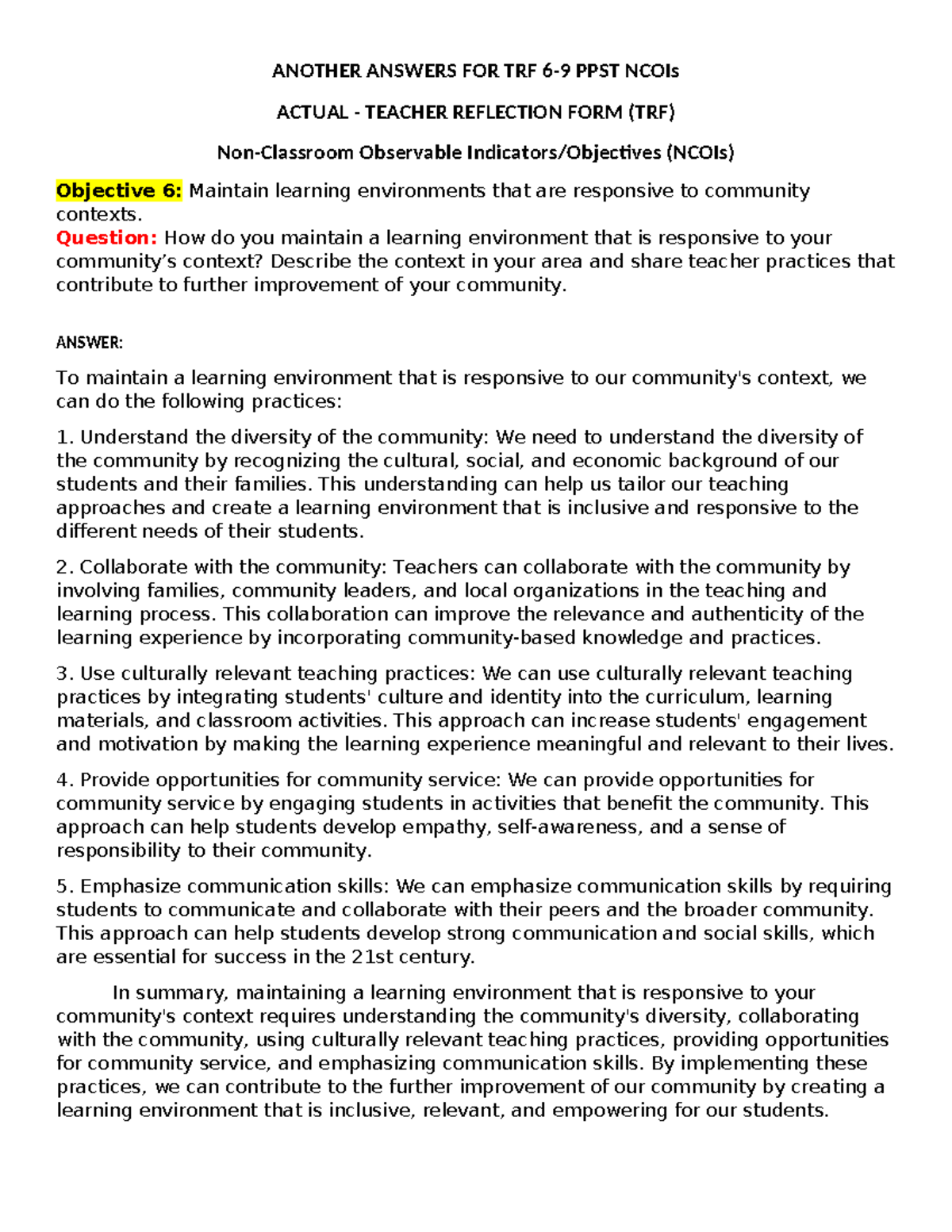 TRF Objectives 6-9 (SET 4 Answers) - ANOTHER ANSWERS FOR TRF 6-9 PPST ...