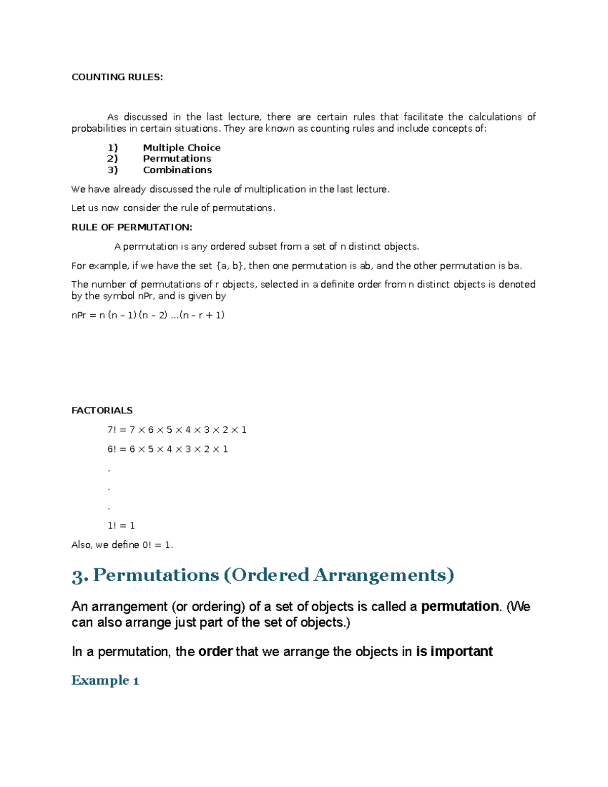permutation lecture notes - ####### COUNTING RULES: As discussed in the ...