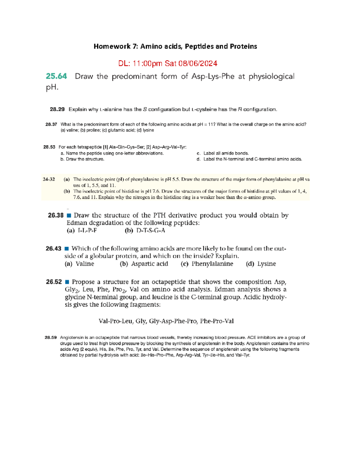 Homework 7 - Lecture 9 (Proteins) - Organic chemistry - Homework 7 ...