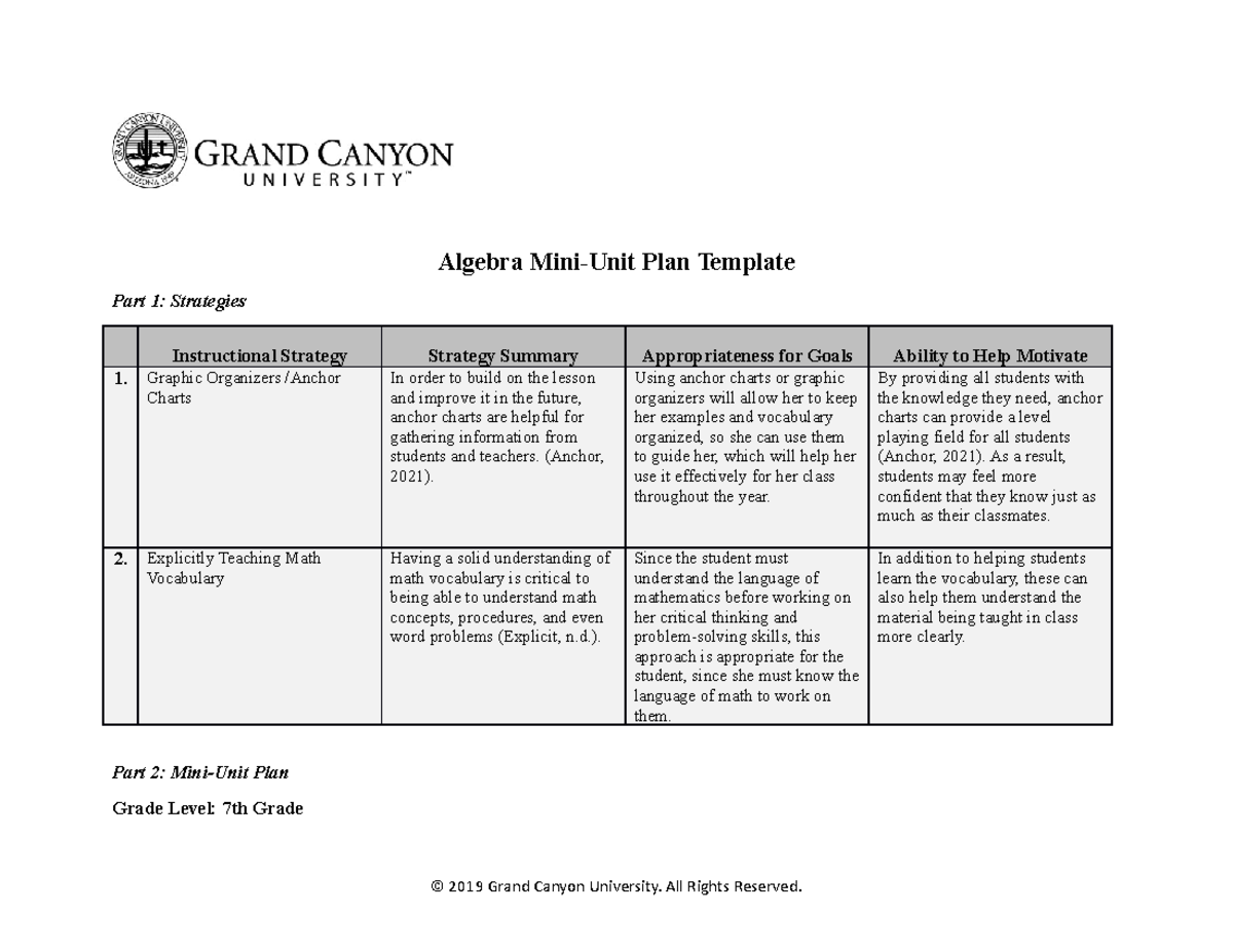 SPD-470-D-T7-Algebra Unit Plan BAR Template - Algebra Mini-Unit Plan ...