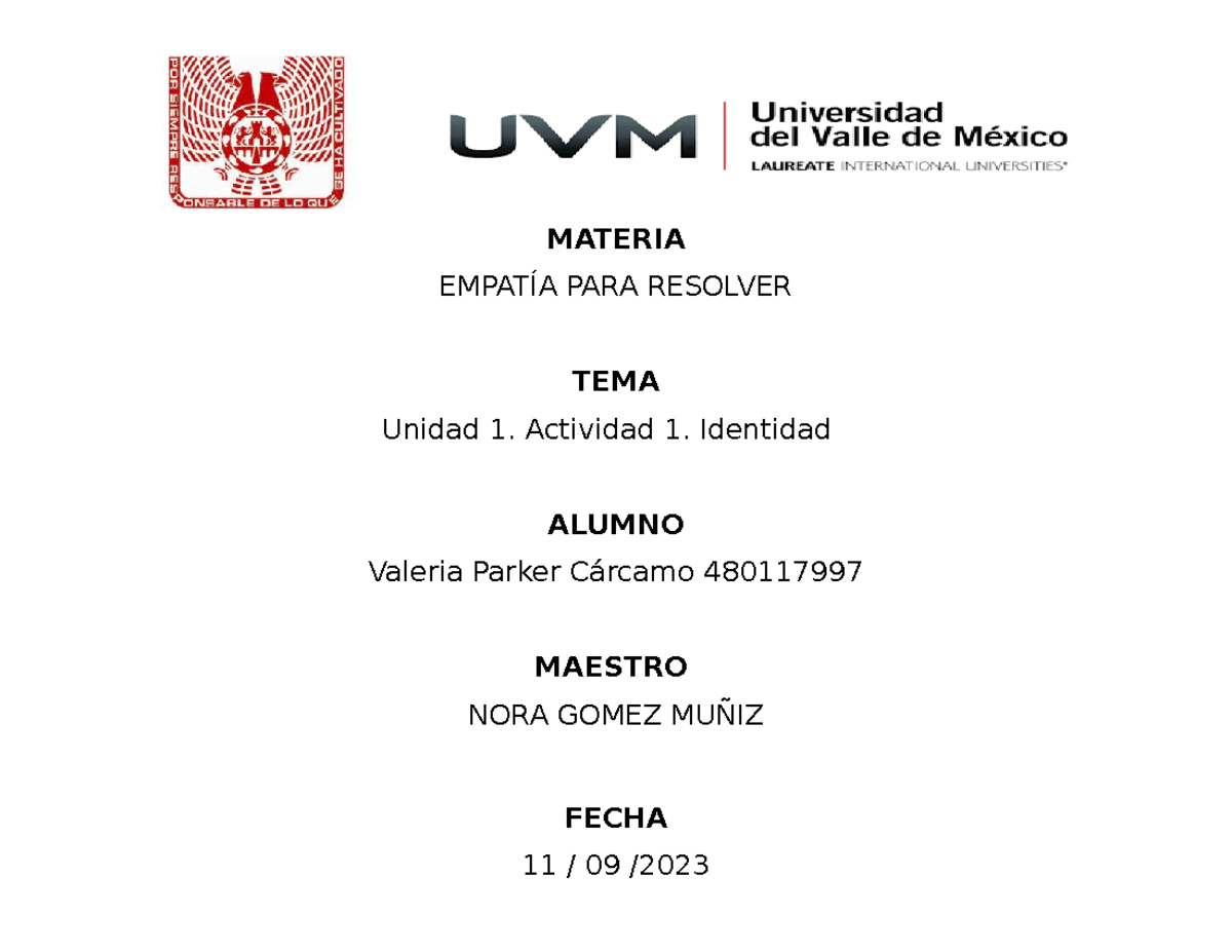 Actvidad 1. Identidad - MATERIA EMPATÍA PARA RESOLVER TEMA Unidad 1 ...