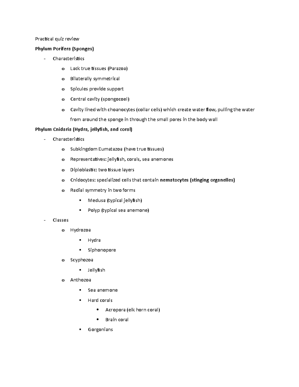 Practical Quiz review -1 - Practical quiz review Phylum Porifera ...