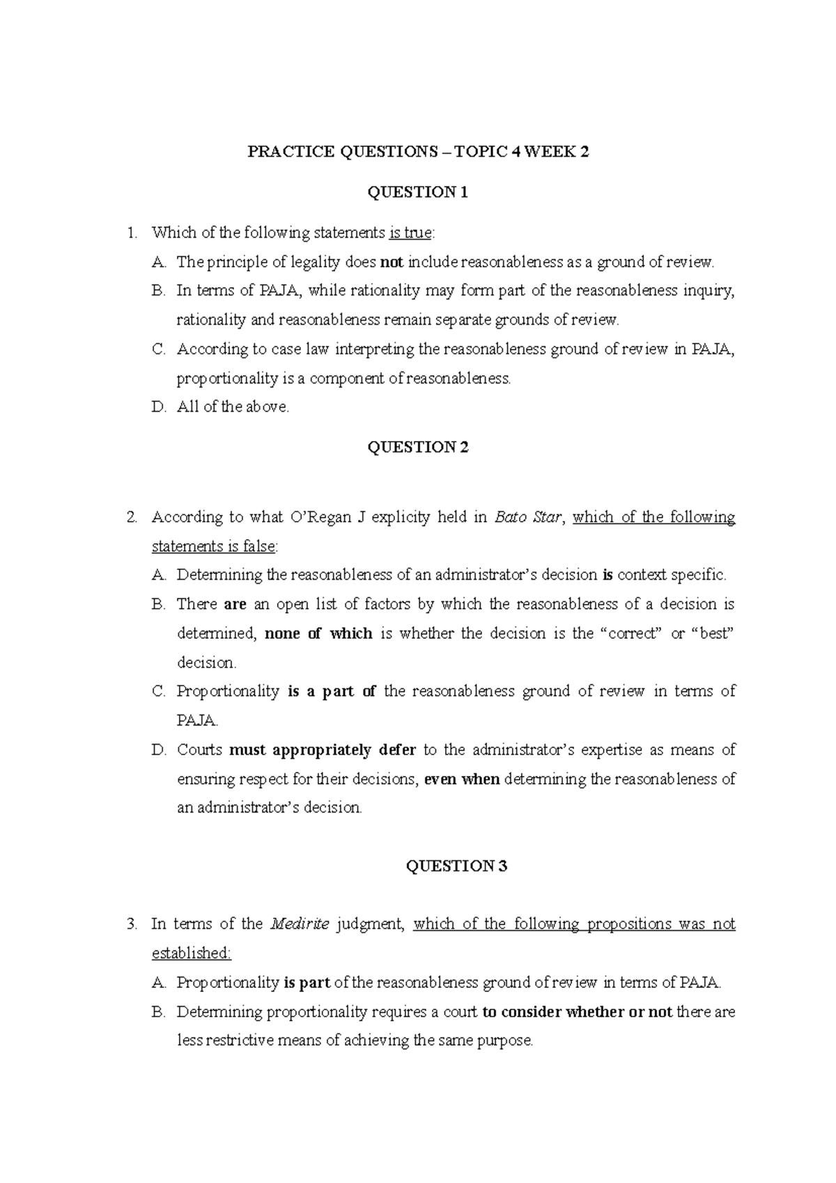 Practice Questions Proportionality and Procedural Fairness - PRACTICE ...