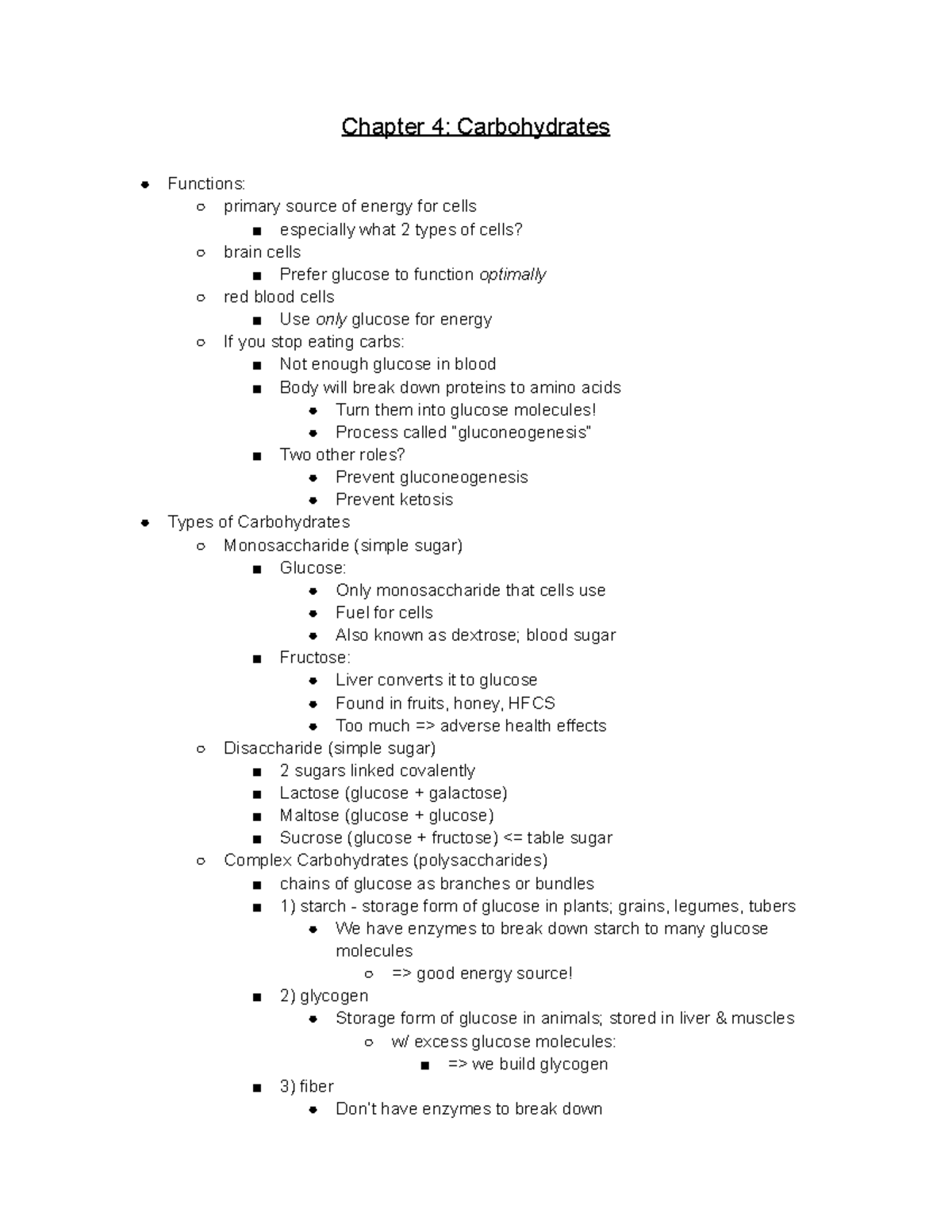 IPHY 2420 Ch 4 Notes - Chapter 4: Carbohydrates Functions: primary ...