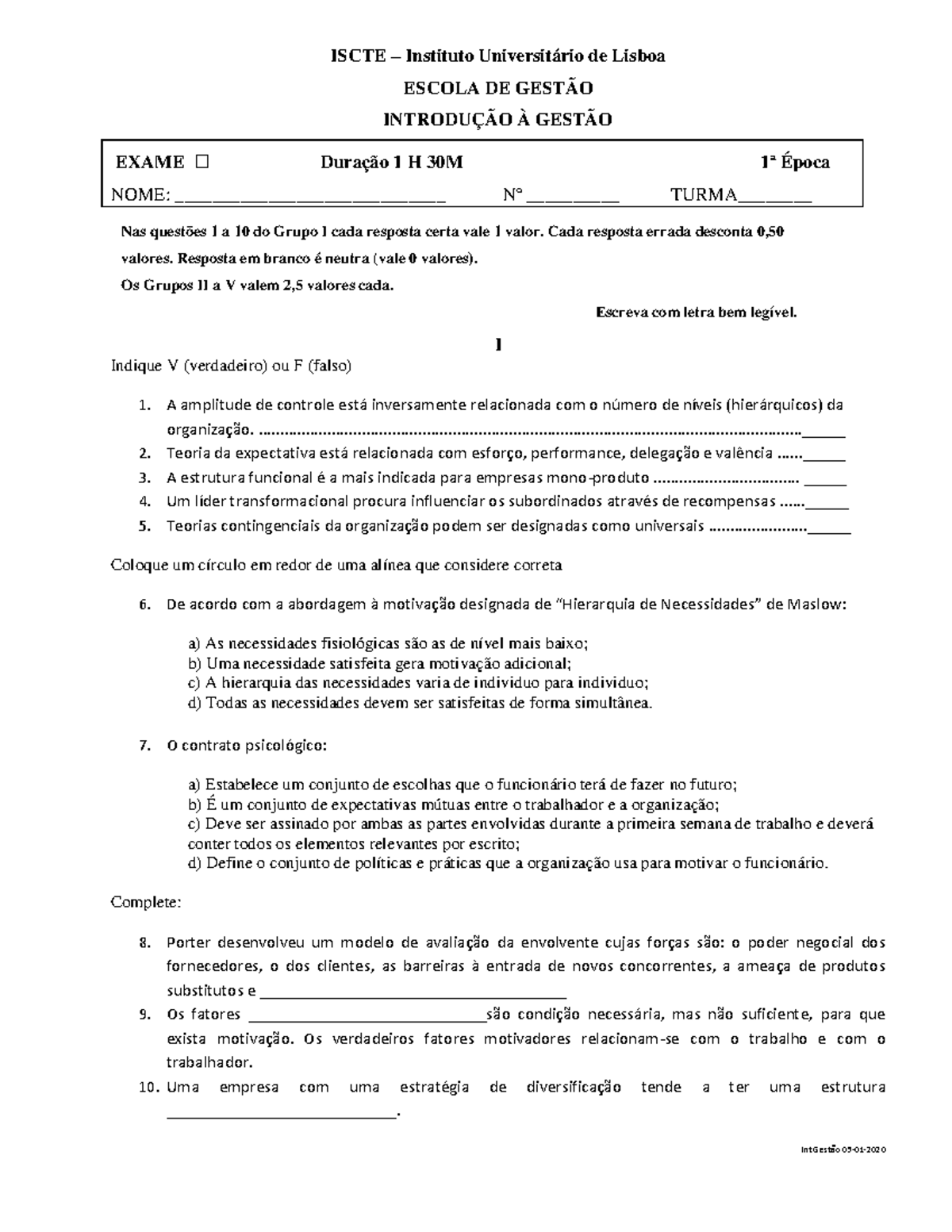 Exame - exemplo de prova - Int Gestão 05-01- ISCTE – Instituto ...