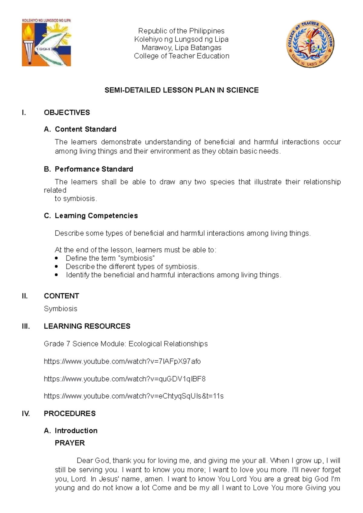 Symbiosis - .KBUIFVJK, - SEMI-DETAILED LESSON PLAN IN SCIENCE I ...