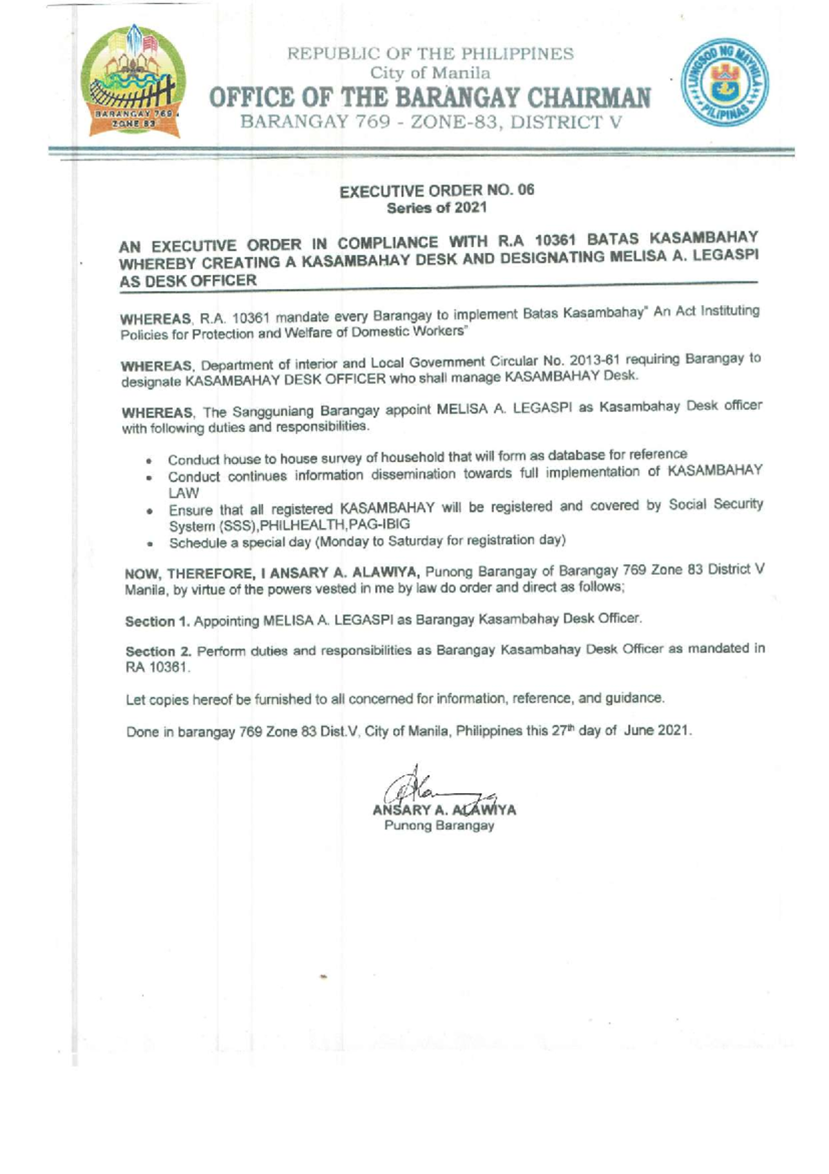 EO Kasambahayy - executive order sample - BS Architecture - Studocu