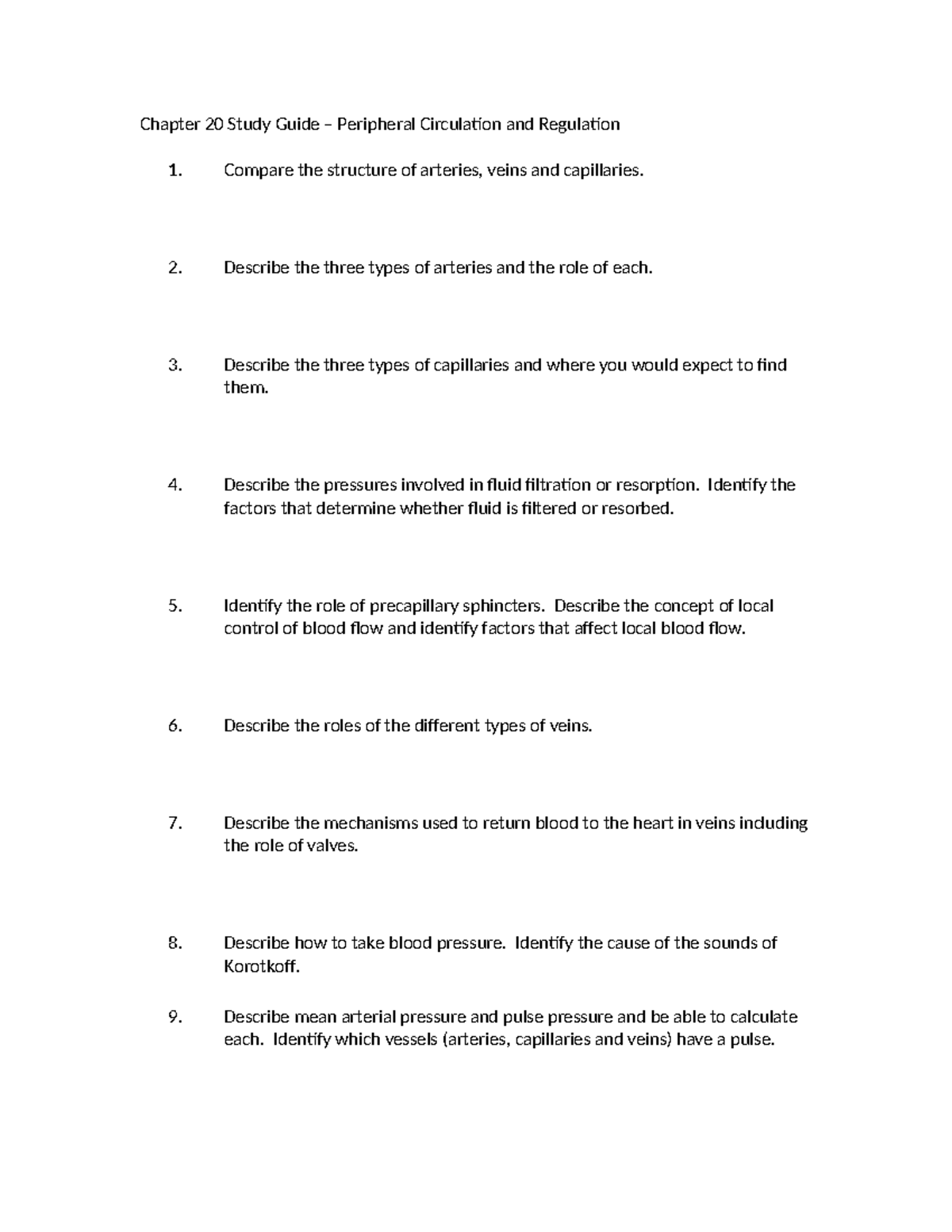 Chapter 20 Study Guide - Chapter 20 Study Guide – Peripheral Circulation and Regulation 1 ...