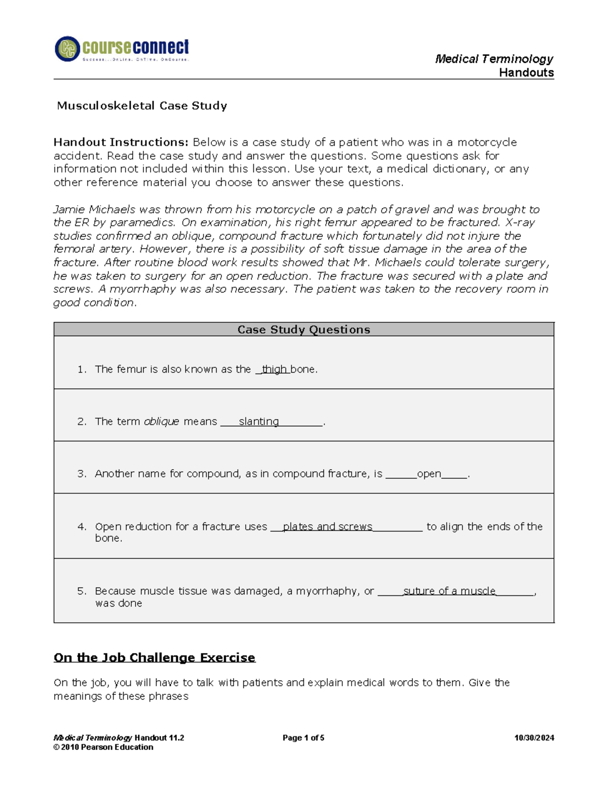 Assignment 2 Ortho & Urology Case Studies - Handouts Musculoskeletal ...