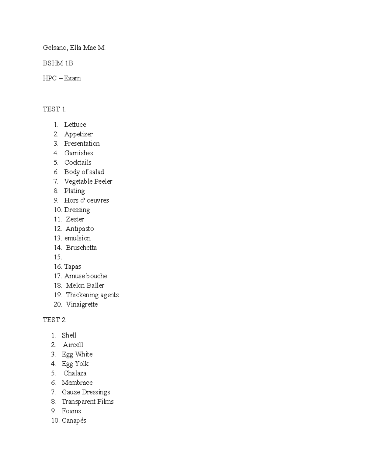 Gelsano hpc-exam - Gelsano, Ella Mae M. BSHM 1B HPC Exam TEST 1. 1 ...