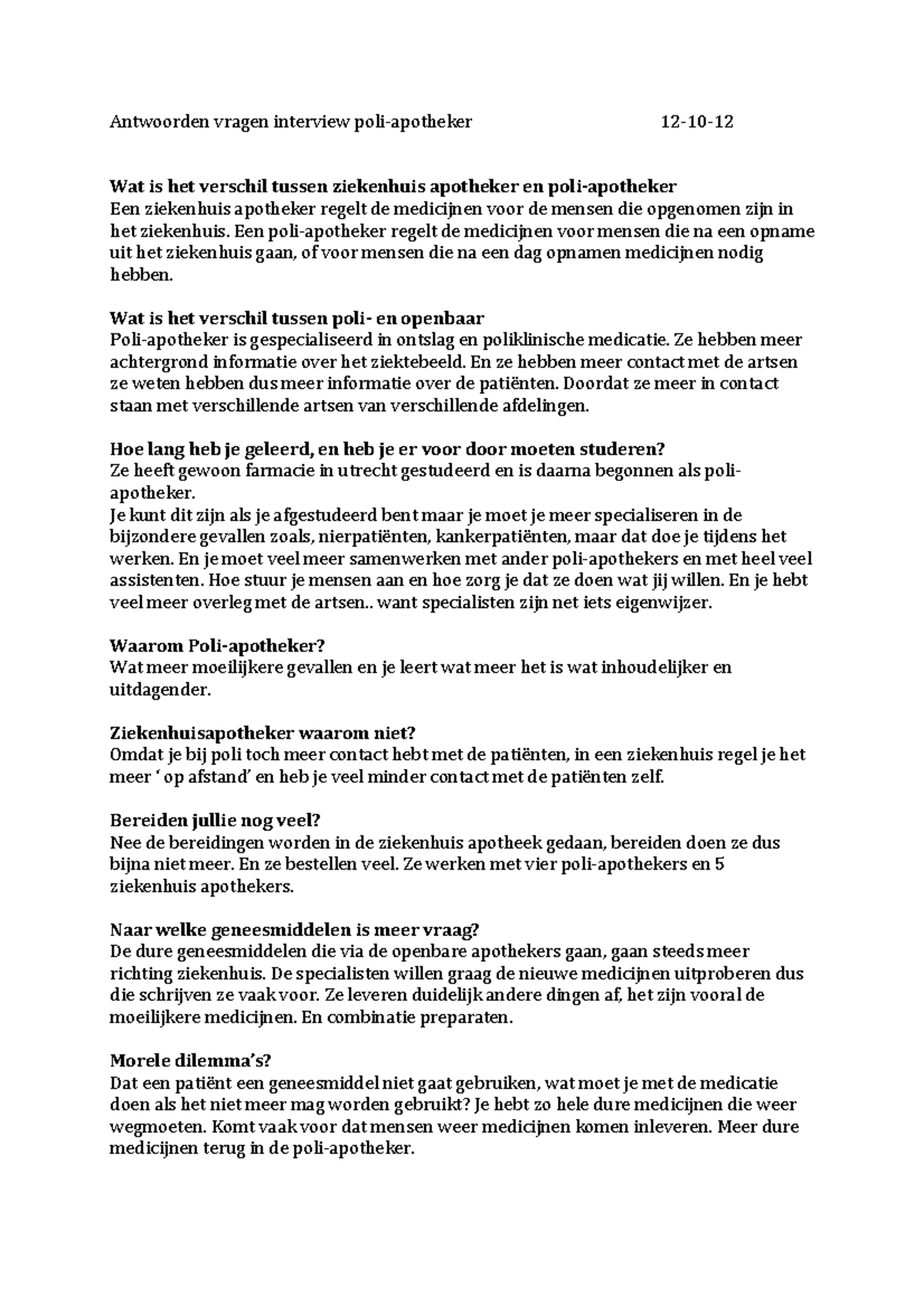 Interview met een poli apotheker - Antwoorden vragen interview poli ...