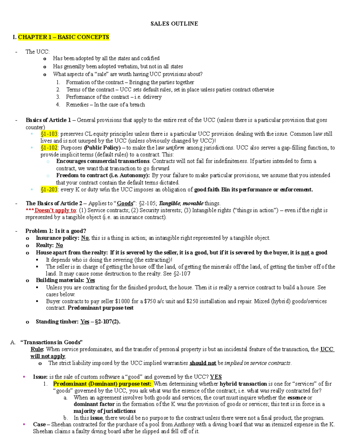 Sales Outline: UCC Article 1 and Article 2 Basics - Studocu